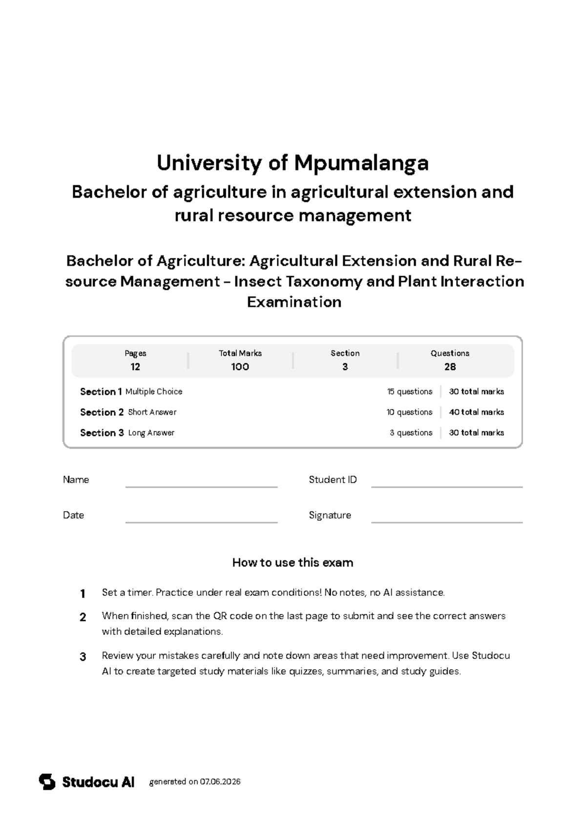 Bachelor of Agriculture: Insect Taxonomy Exam - Studocu