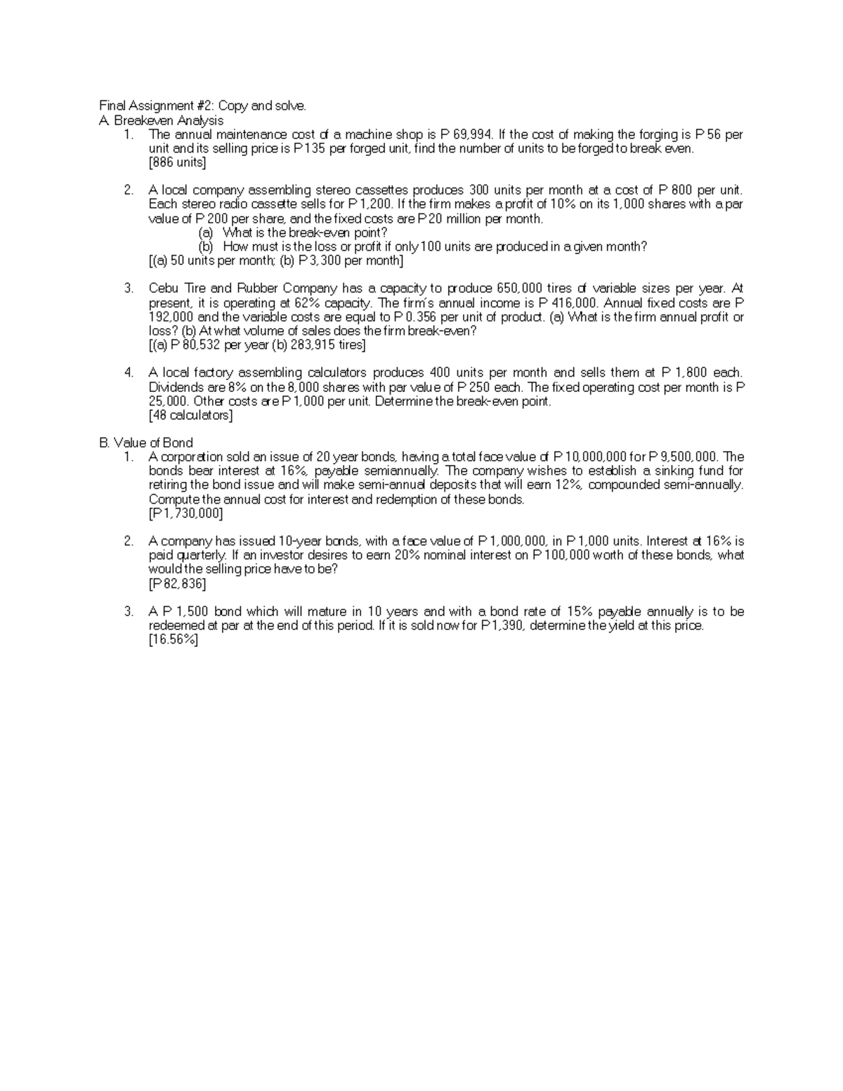 BES2 FA2 - Final Assignment on Breakeven Analysis and Bond Valuation ...