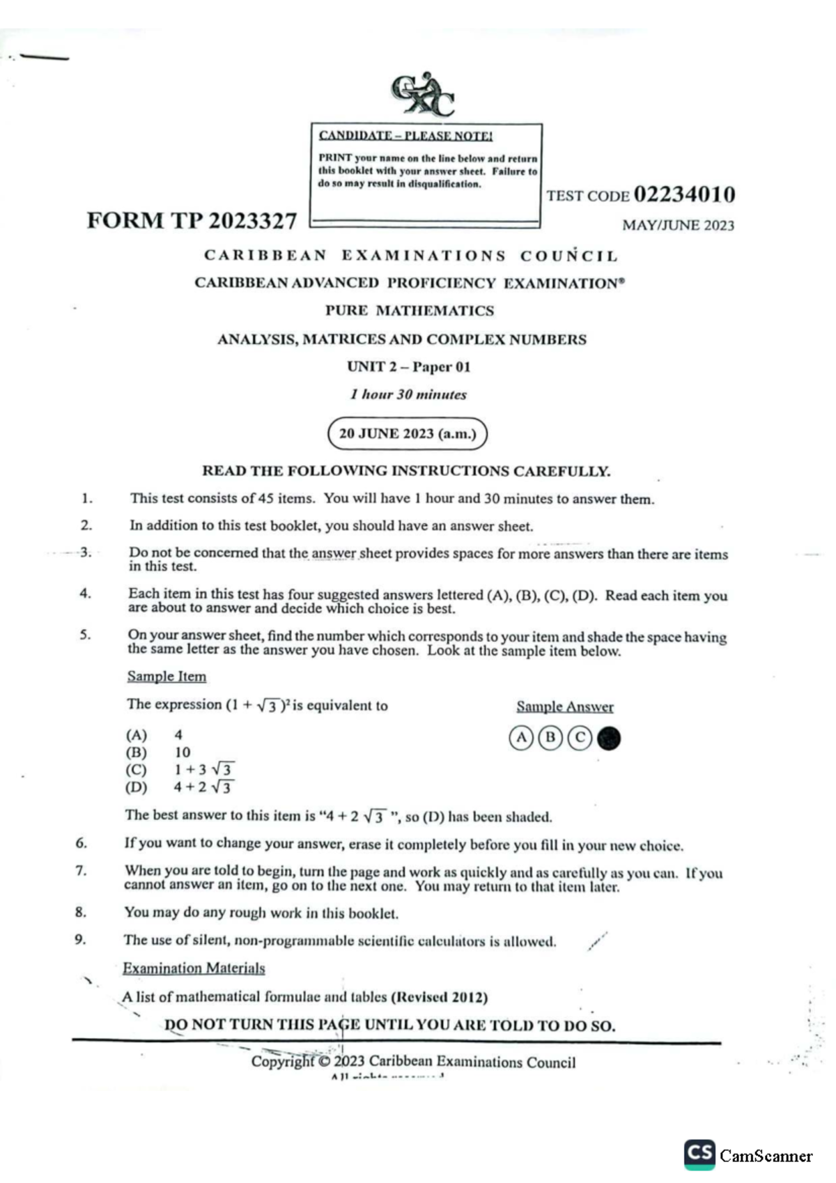 CAPE Pure Mathematics Unit 2 Paper 01 Exam Instructions 2023 - Studocu