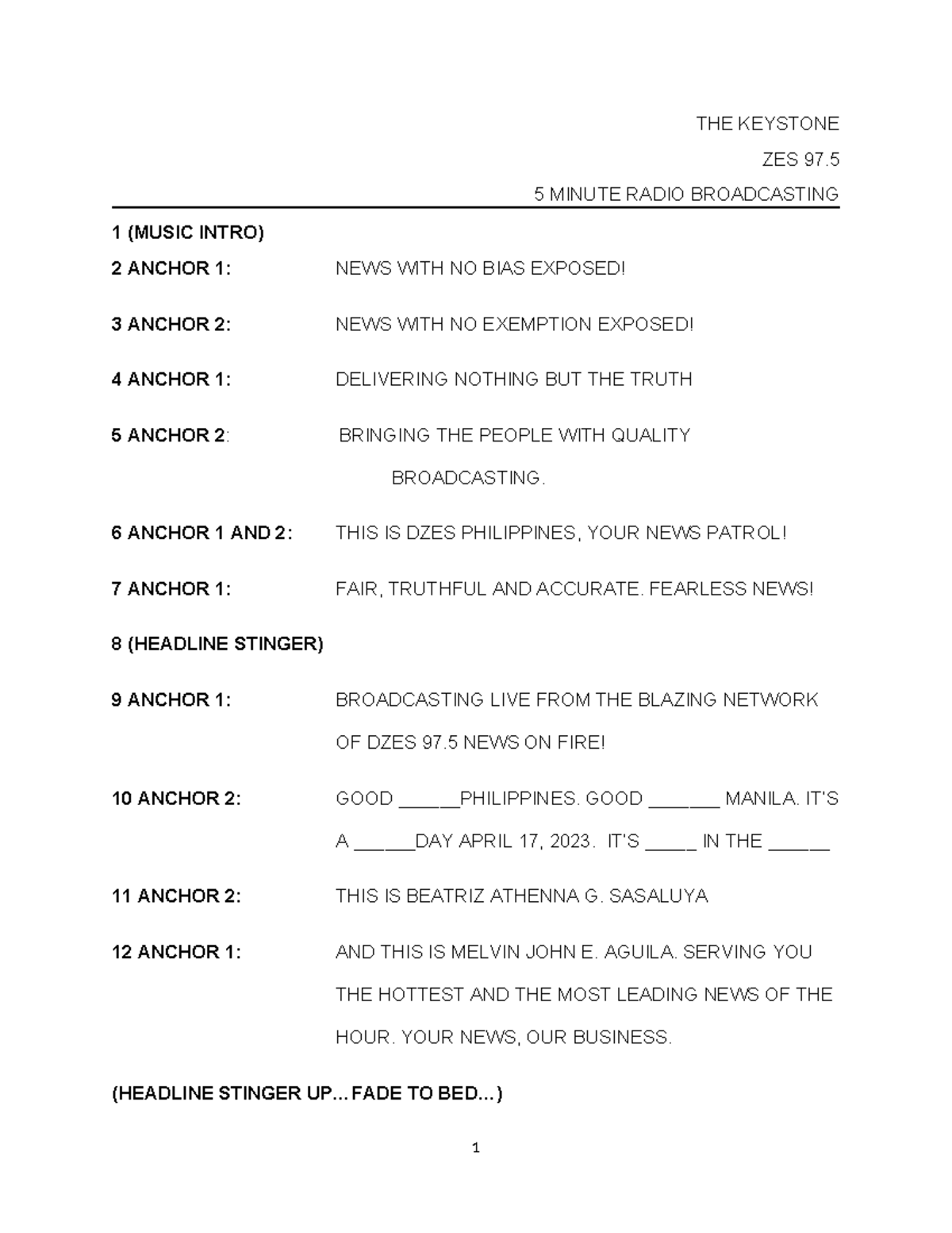 English- Broadcasting- Script - THE KEYSTONE ZES 97. 5 MINUTE RADIO ...
