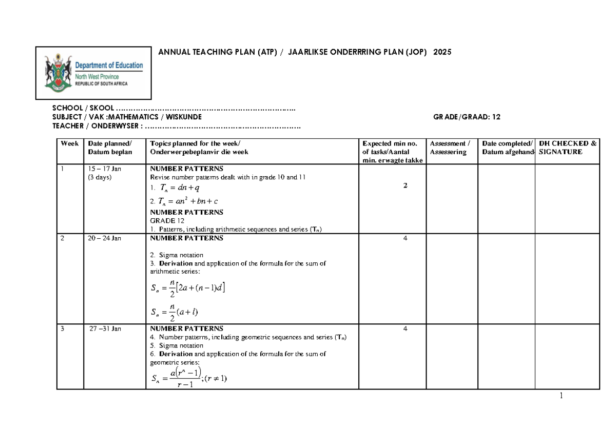 Grade 12 Maths ATP 2025 - Annual Teaching Plan Overview - Studocu