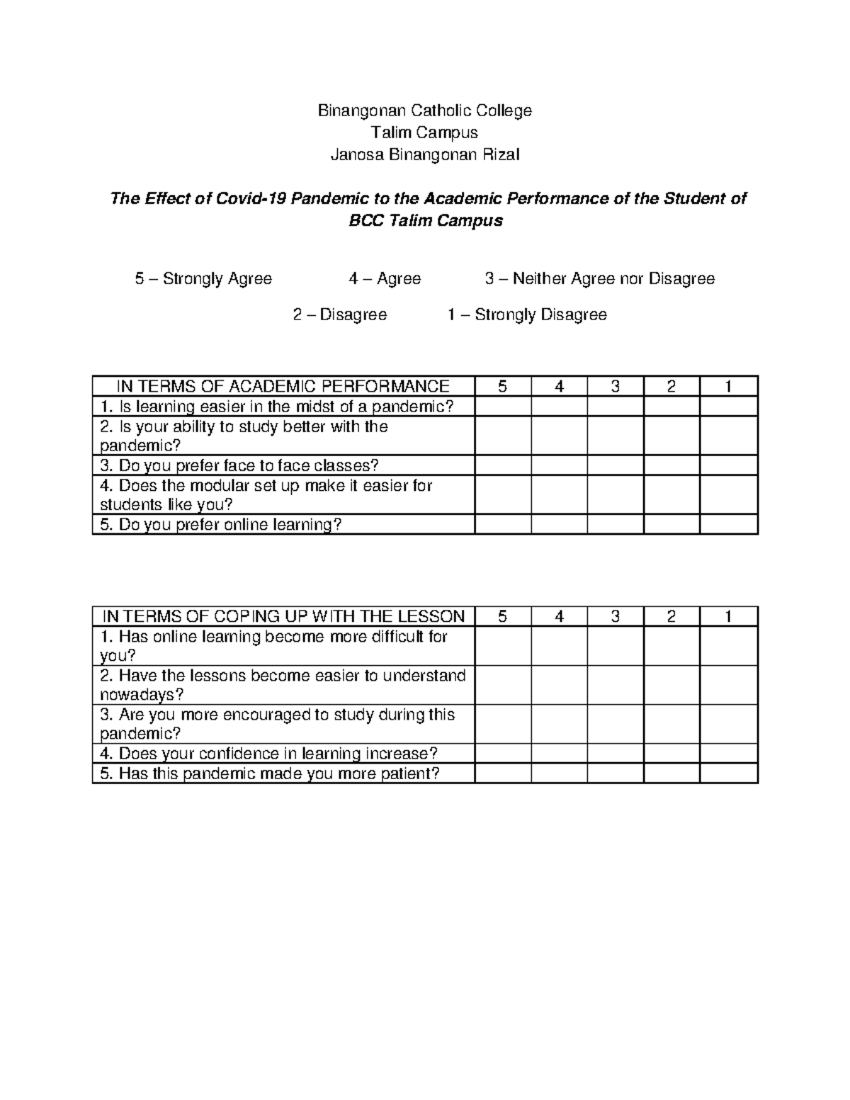 Survey-Questionnaire - Binangonan Catholic College Talim Campus Janosa ...
