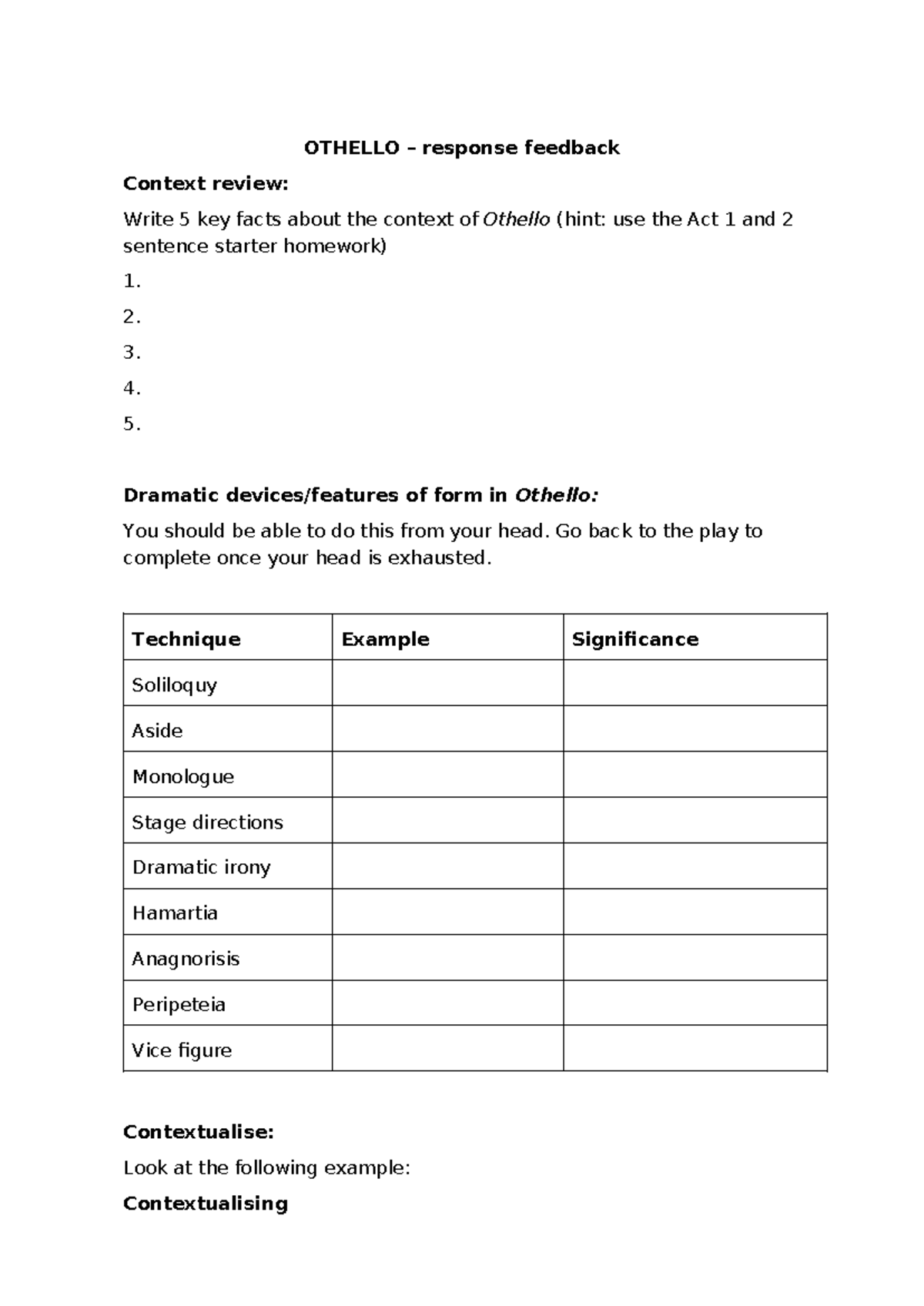 Othello Context Review & Key Facts Consolidation - Studocu