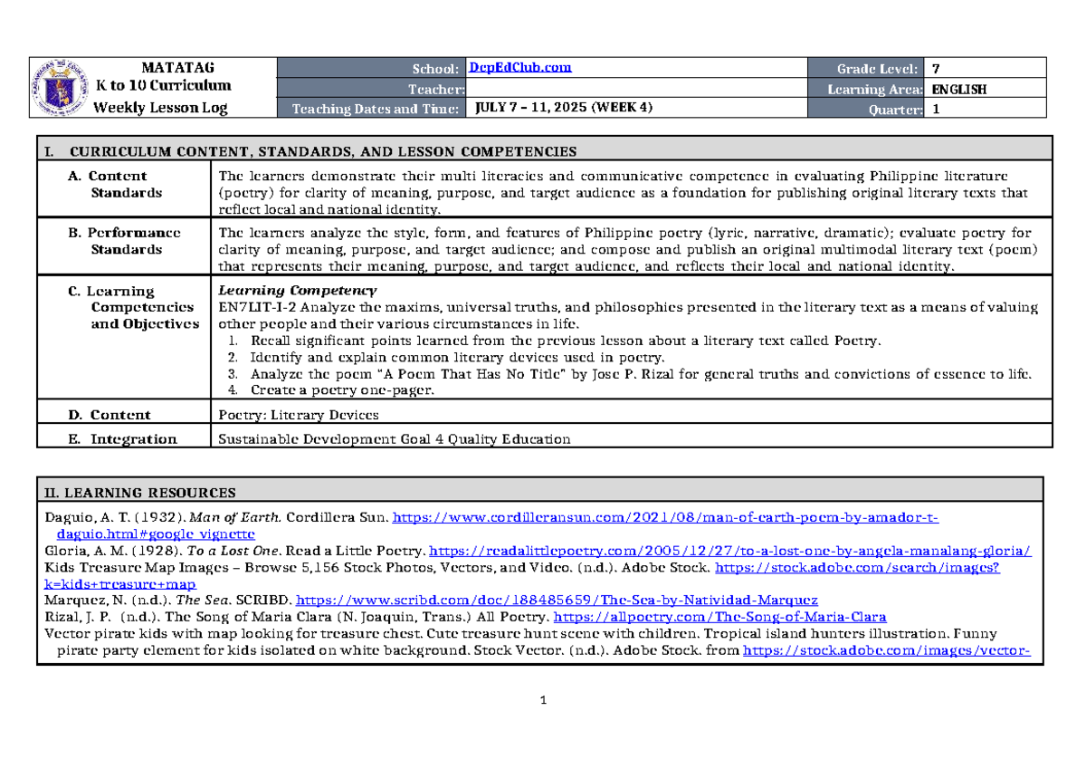 DLL Matatag English 7 Q1 Week 4 Lesson Log on Poetry and Literary ...