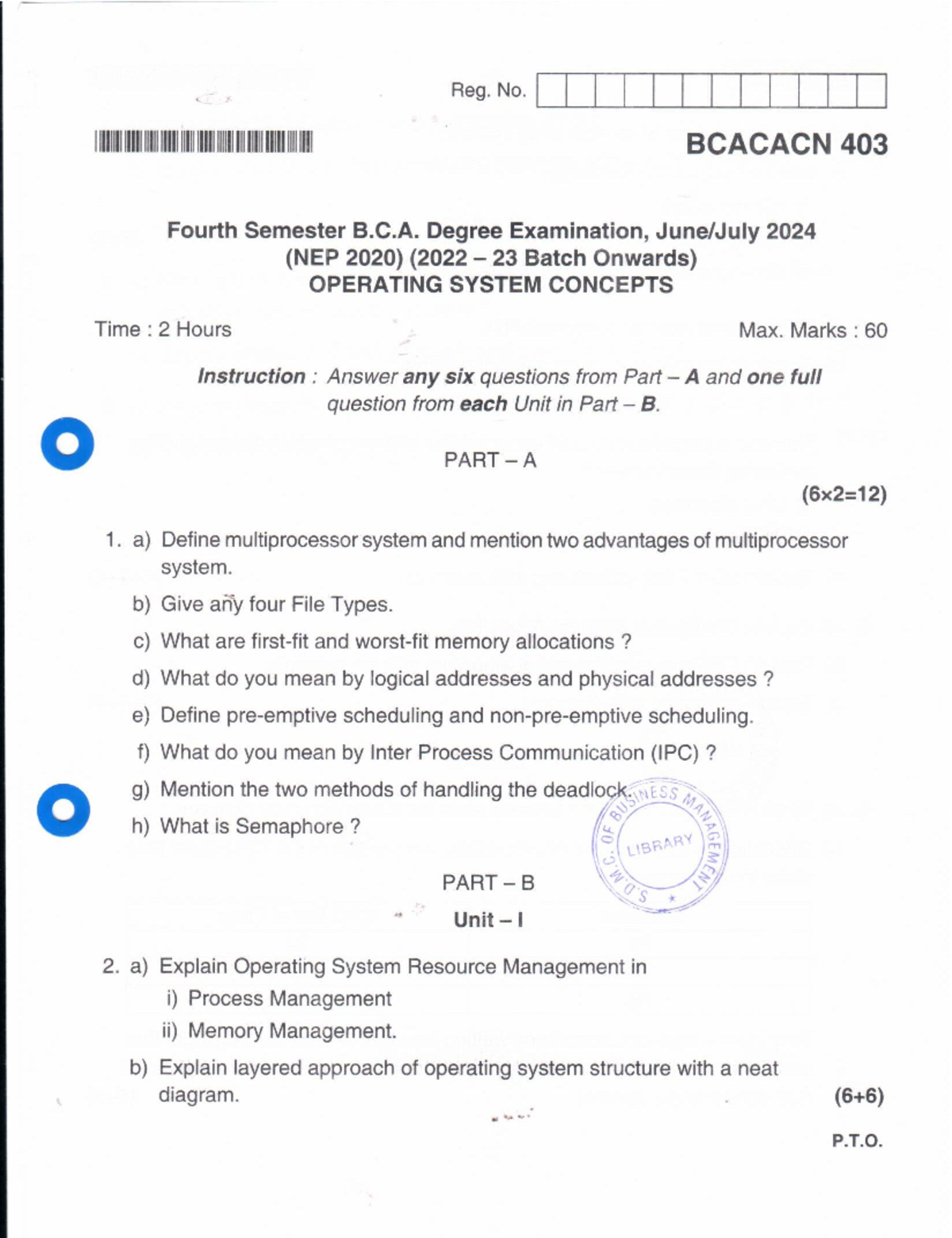 BCA IV Sem. Operating Systems Concepts Exam Guide - July 2024 - Studocu