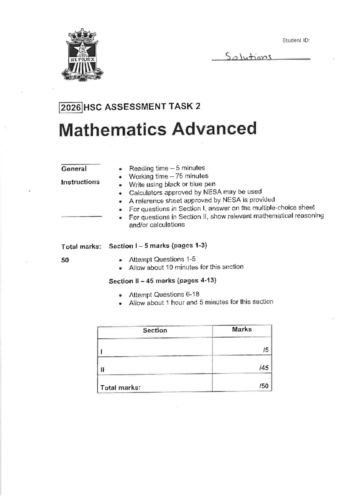 Yr12 Maths Advanced T2 2026 Assessment Task 2 Solutions - Studocu