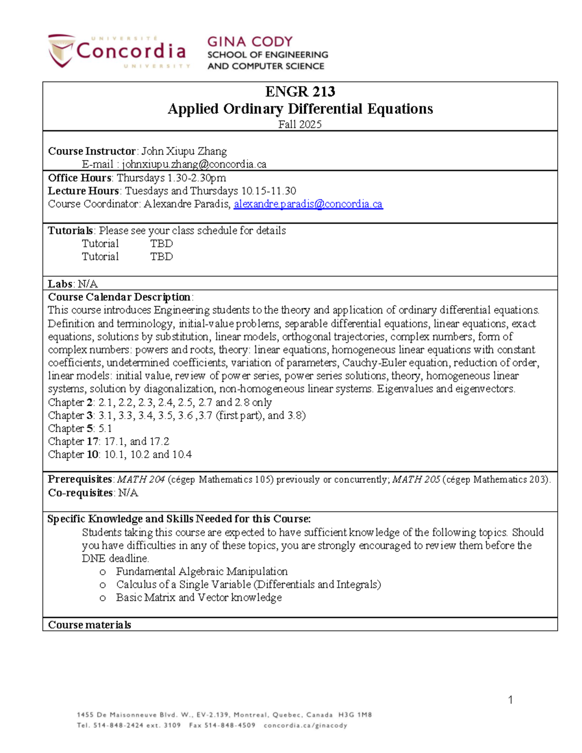 ENGR 213 Course Outline: Applied Ordinary Differential Equations Fall 2025 - Studocu