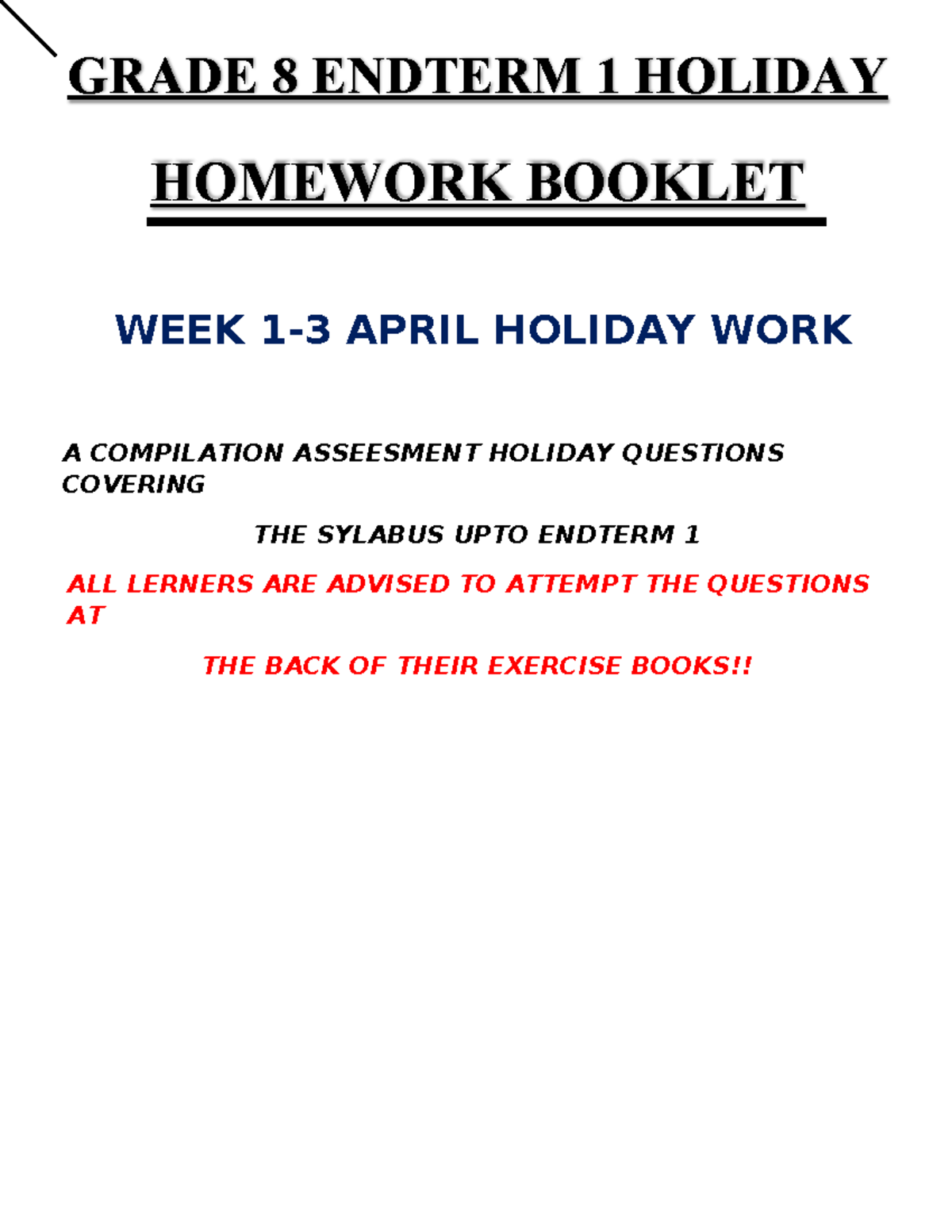 Grade 8 Endterm 1 Holiday Assignment Booklet - Comprehensive Homework ...