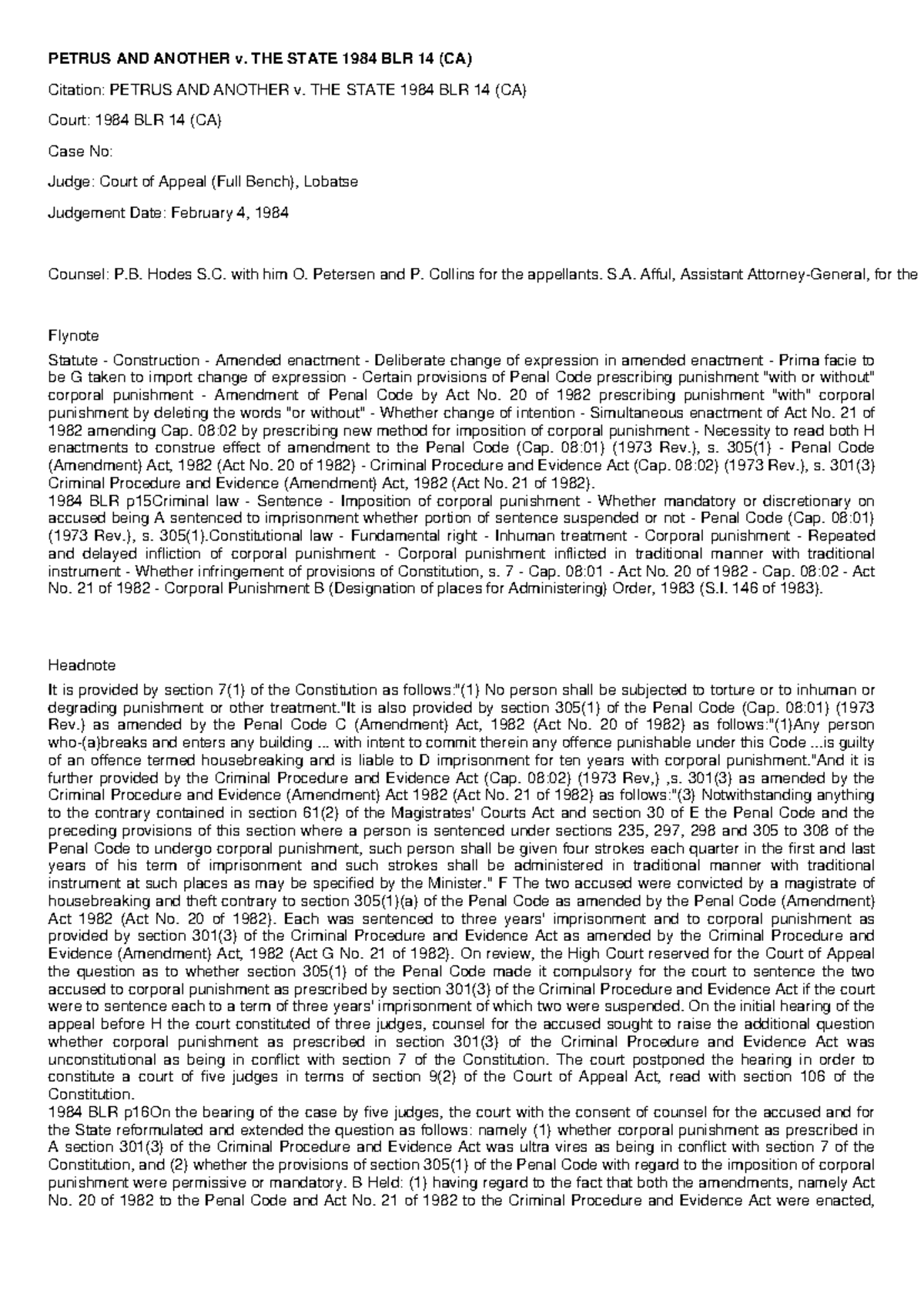 Petrus v. The State: Review of Corporal Punishment Laws (1984) - Studocu