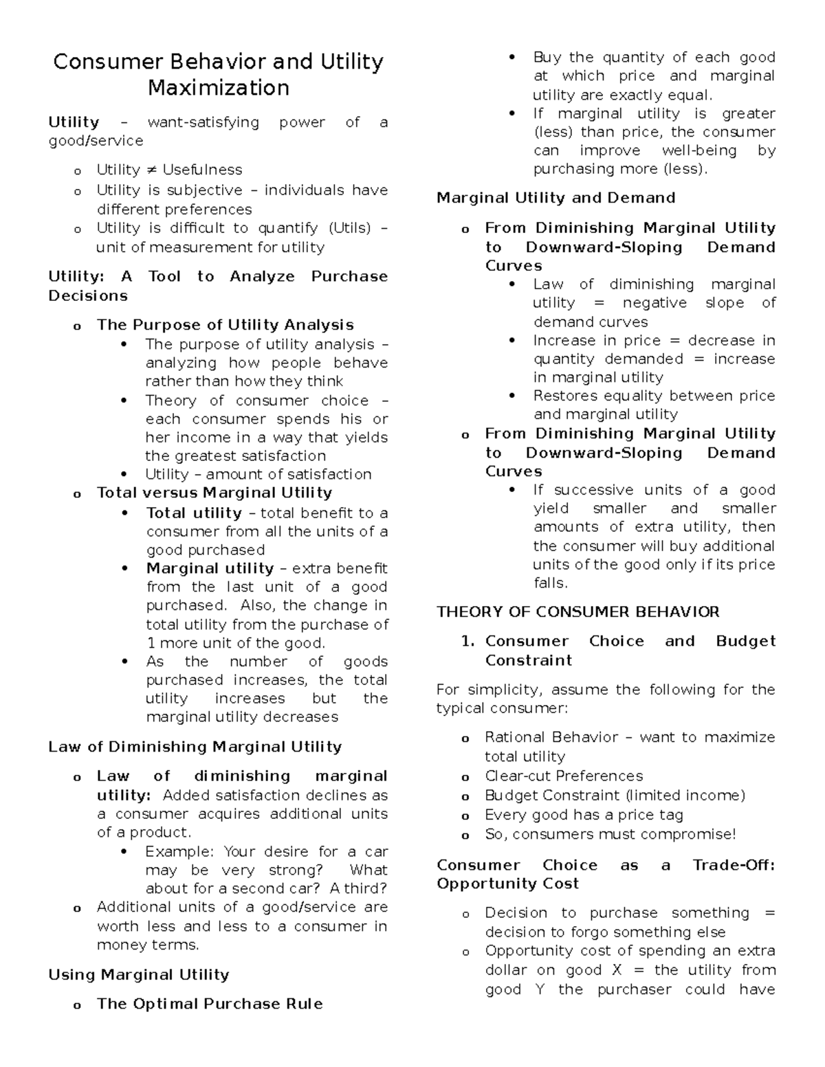 Module 3 Reviewer - Consumer Behavior and Utility Maximization - Consumer Behavior and Utility ...