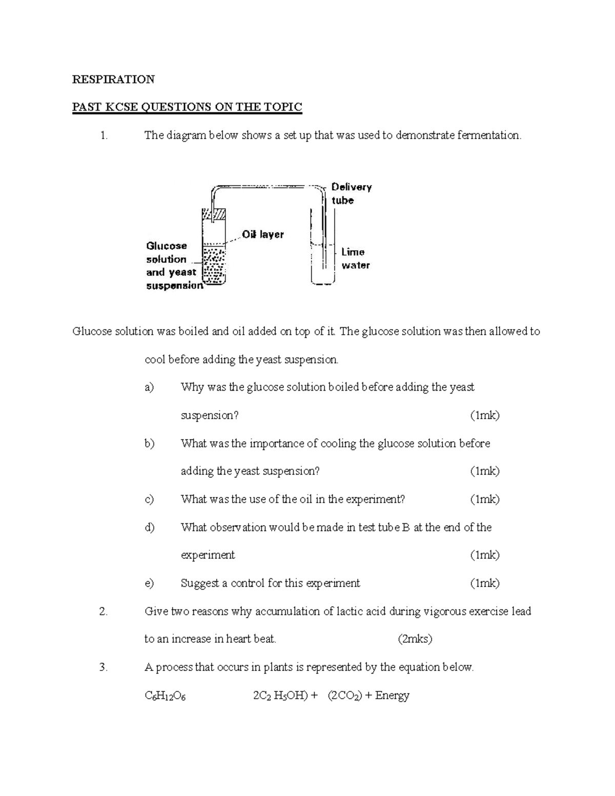 FORM 2 KCSE Past Questions on Respiration Module - Studocu