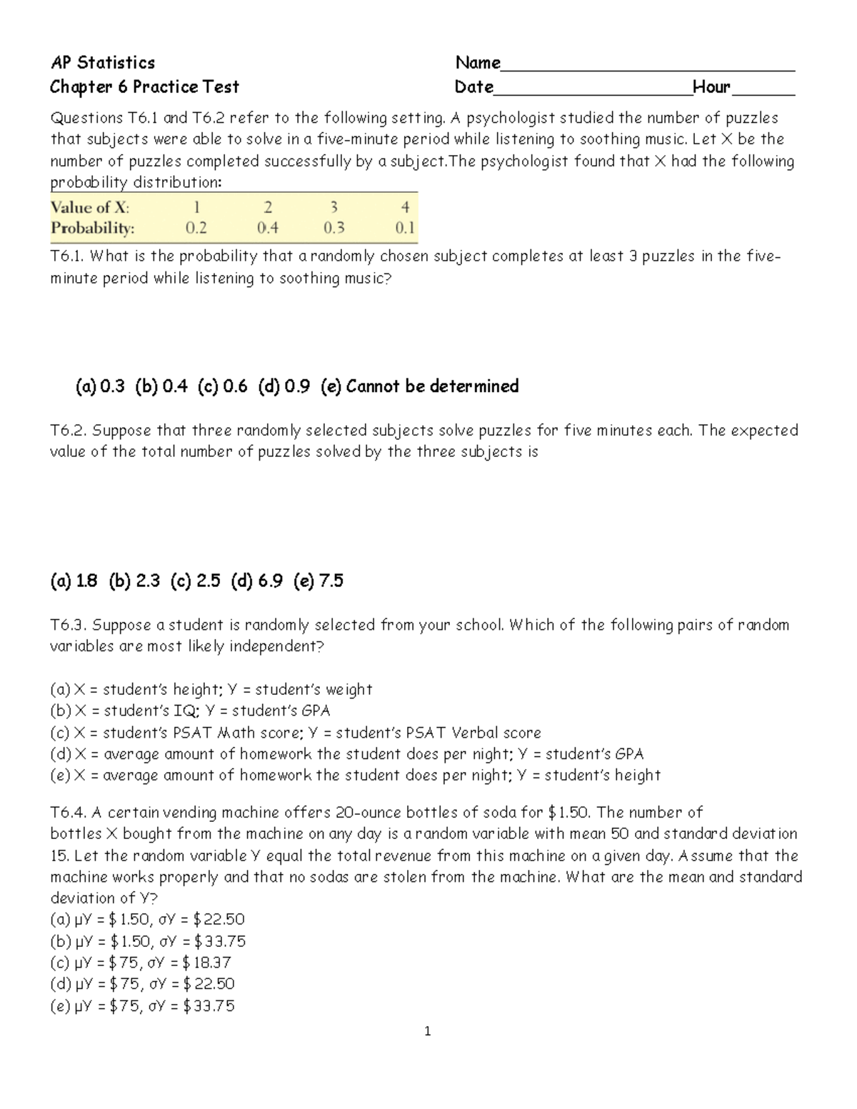 AP Statistics Chapter 6 Practice Test Questions and Solutions - Studocu