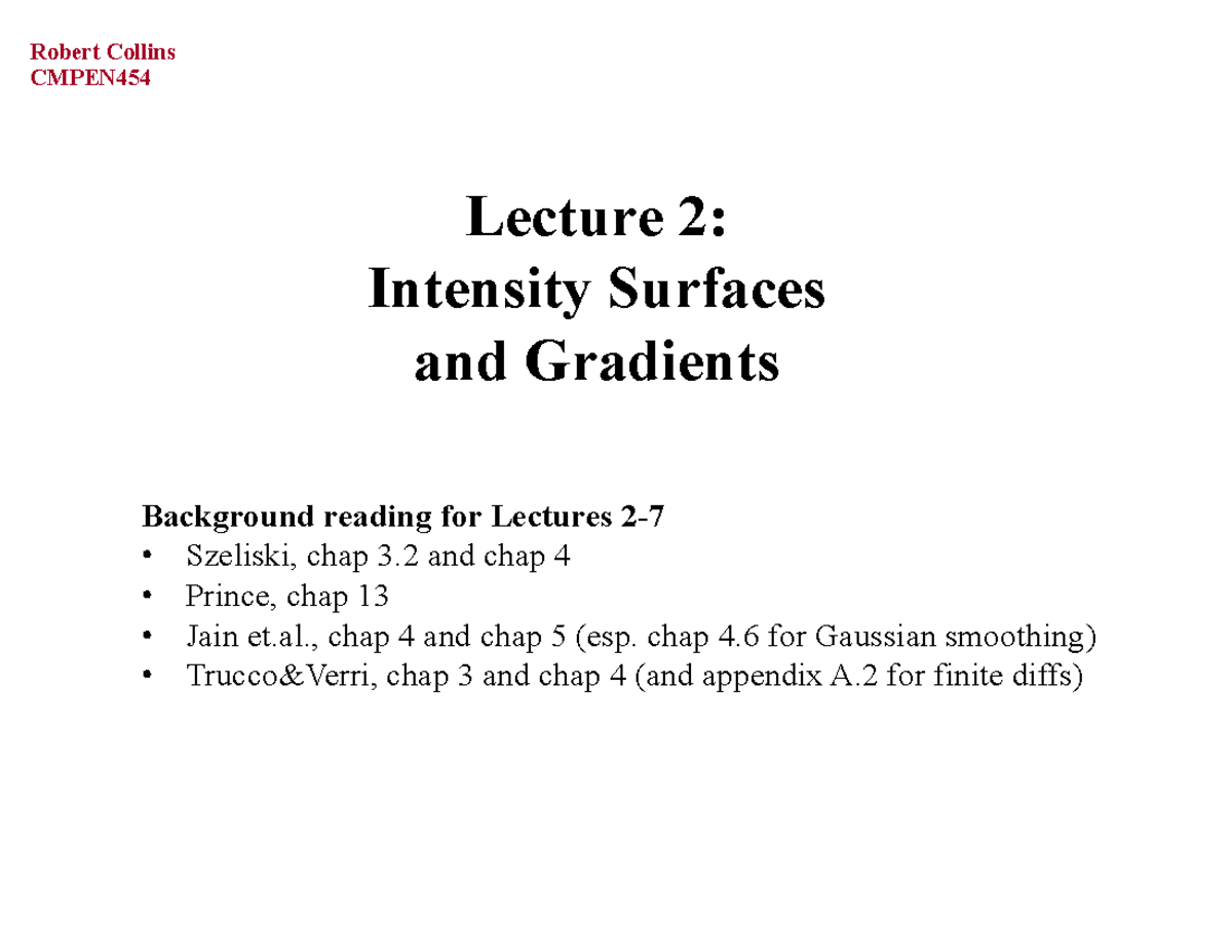 CMPEN454 Lecture 02: Intensity Surfaces & Gradients Overview - Studocu