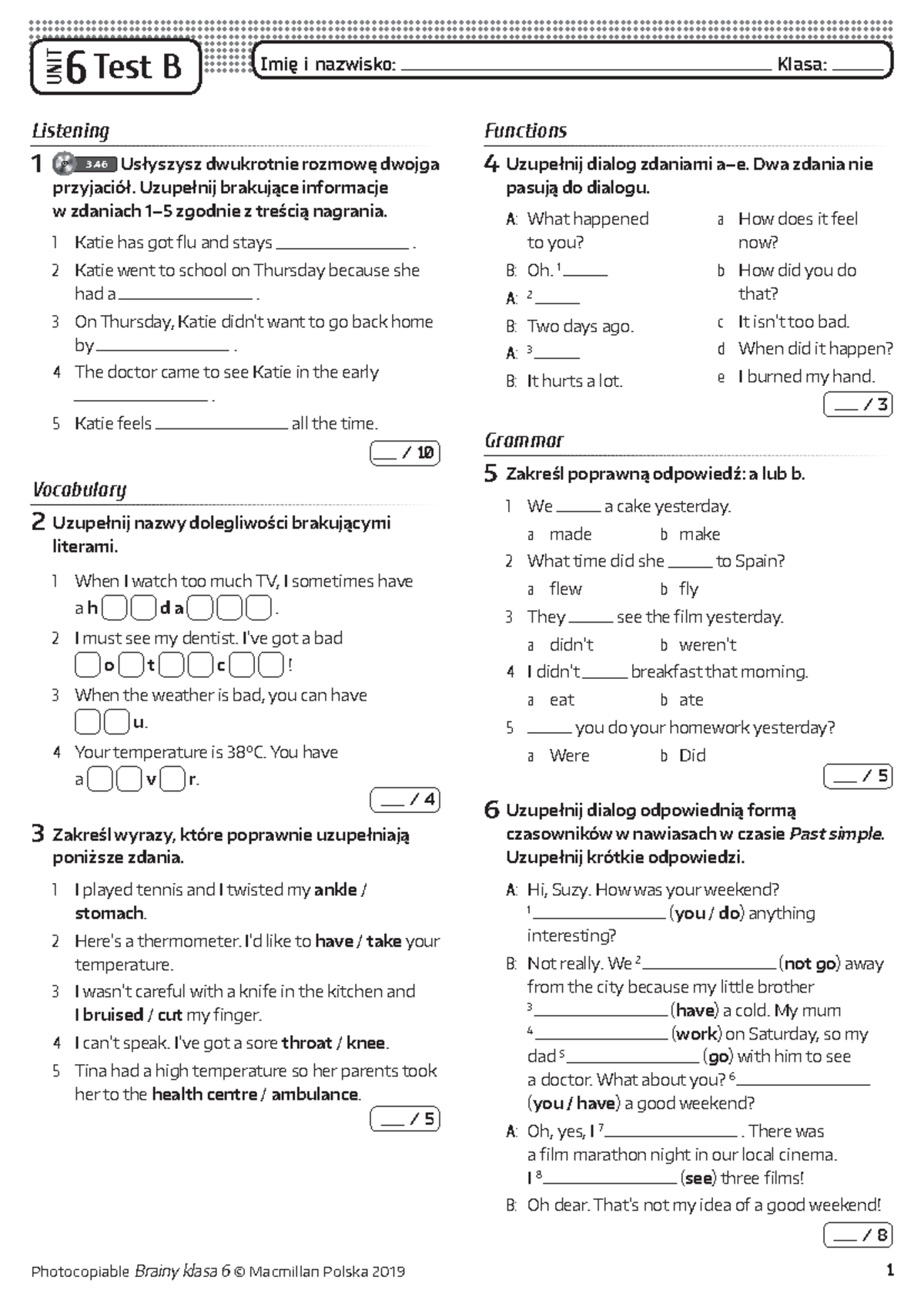Klasy 6 - Test B: Bilans zdrowia i dobrze się bawić! - Studocu