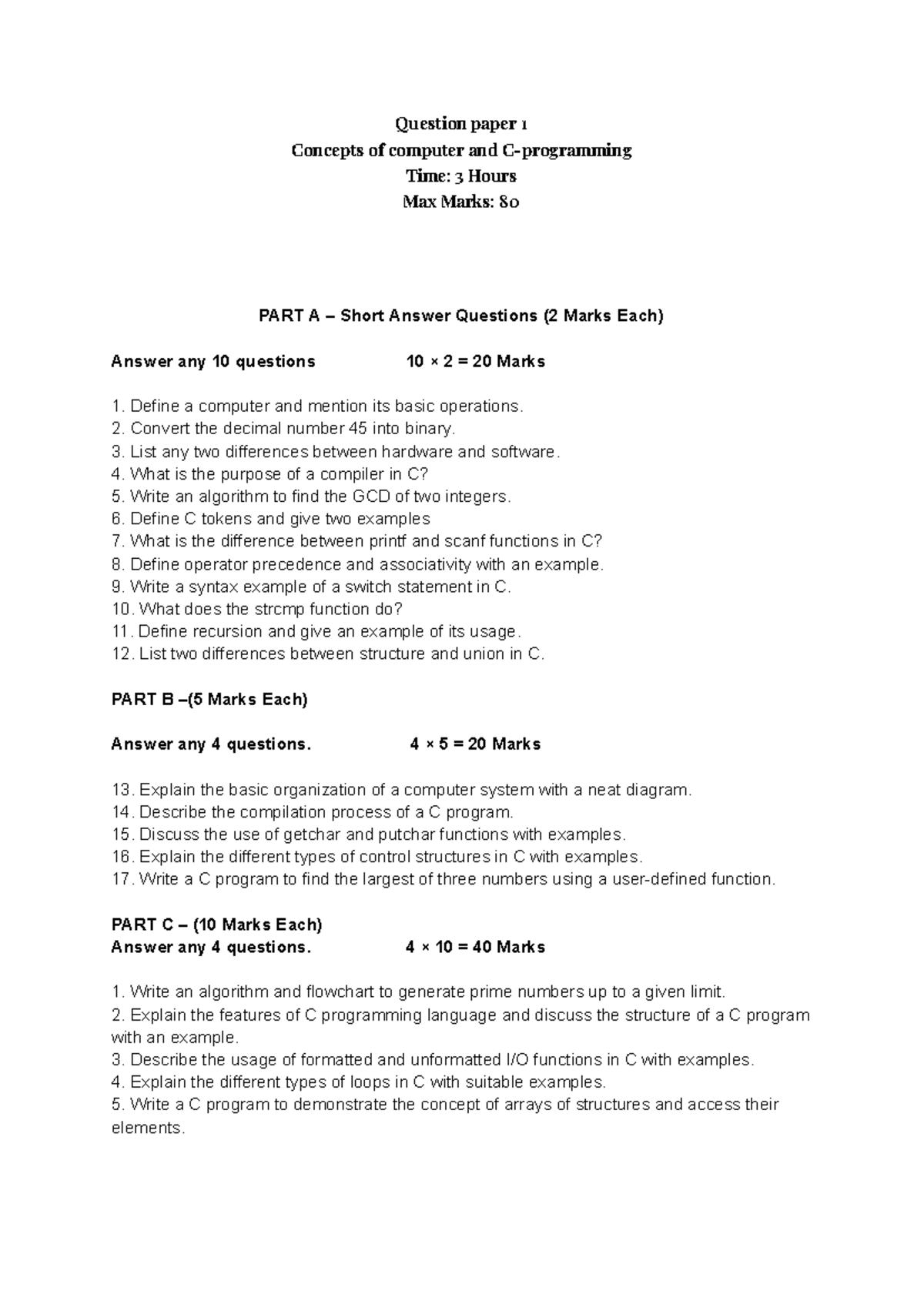 Final Exam Model Paper: Concepts of Computer & C Programming BCA 1SEP ...