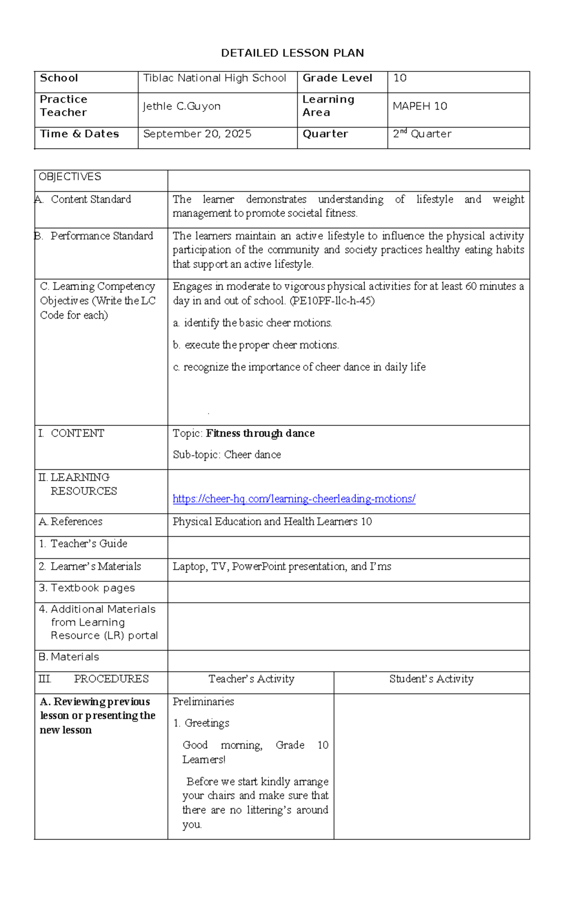 DLP: Detailed Lesson Plan on Cheer Dance for MAPEH 10 - Studocu