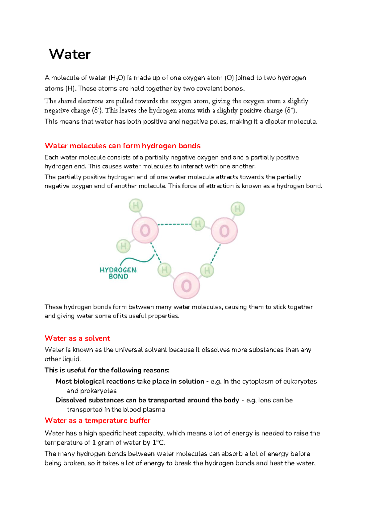 Water - Biological Molecules: Structure, Properties, and Functions - Studocu