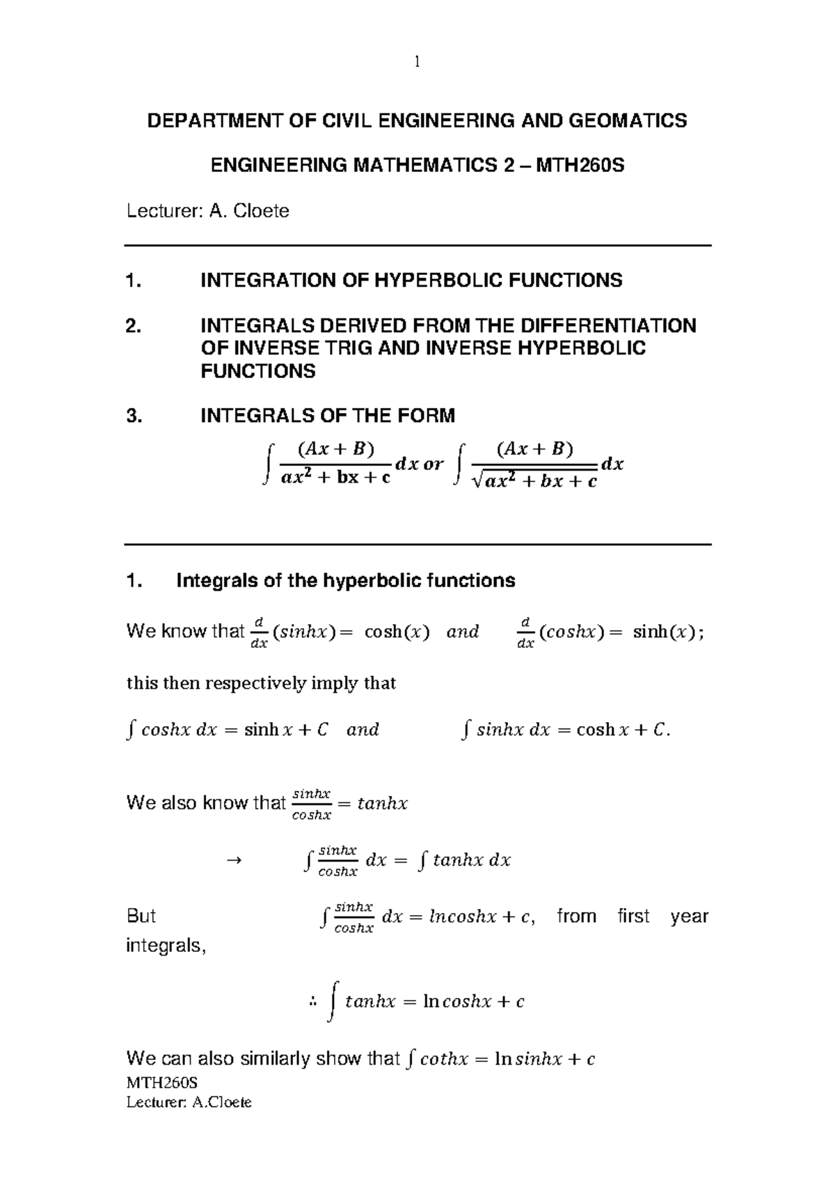 MTH260S Final Exam Notes: Integration of Hyperbolic Functions - Studocu