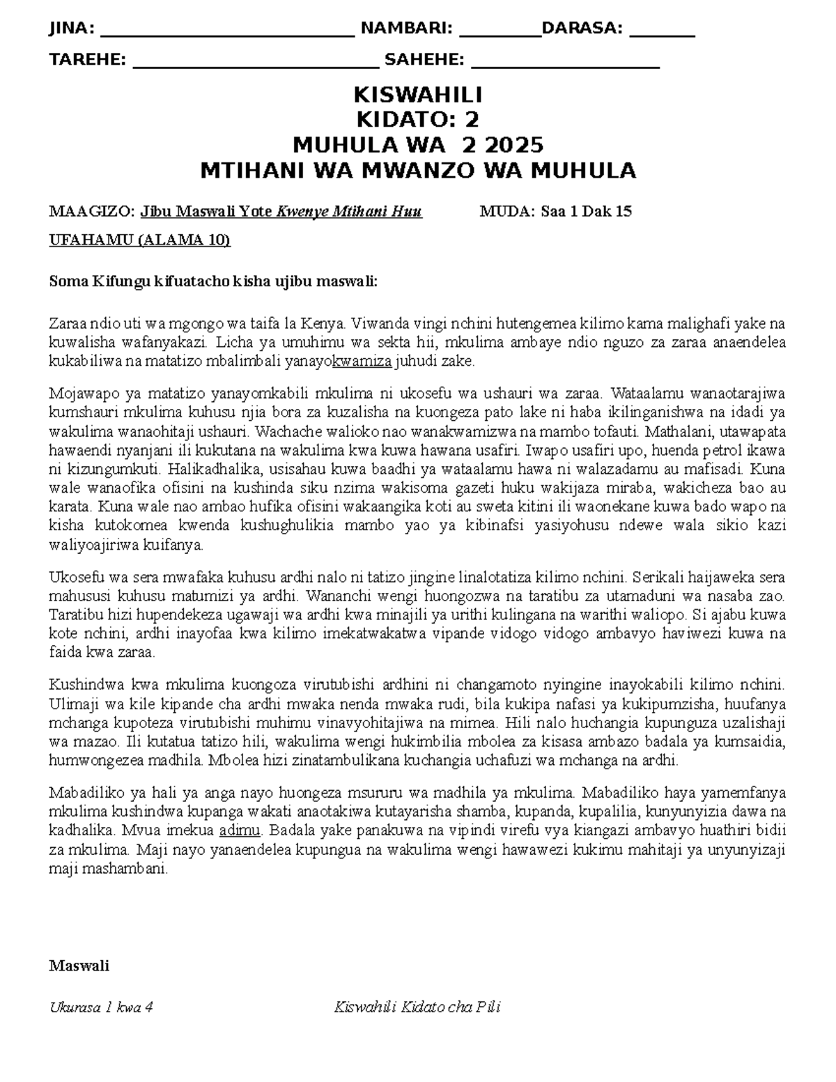 2025 Kiswahili Kidato 2 Muhula wa 2 Mtihani wa Mwanzo wa Muhula - Studocu