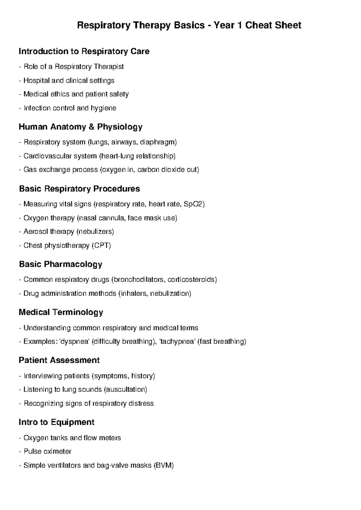 Respiratory Therapy Basics Cheat Sheet (Year 1) - Studocu