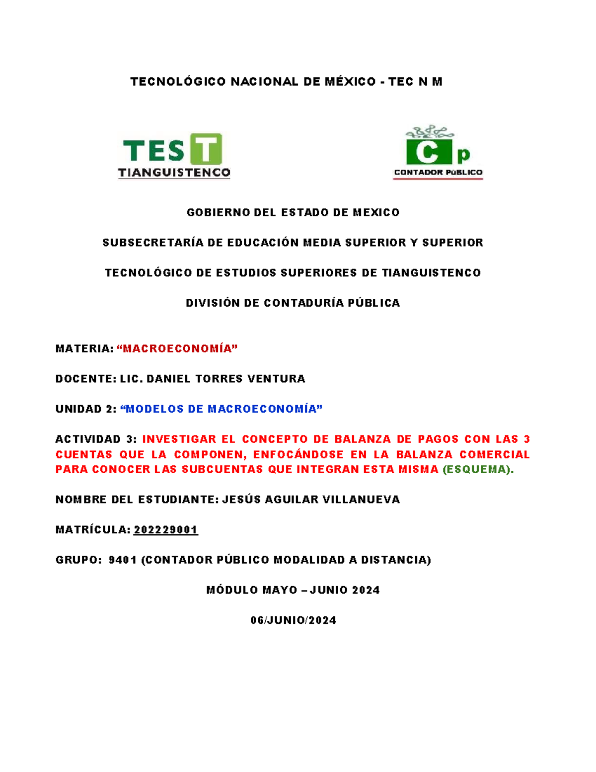 Balanza de pagos y sus cuentas - TECNOLÓGICO NACIONAL DE MÉXICO - TEC N ...