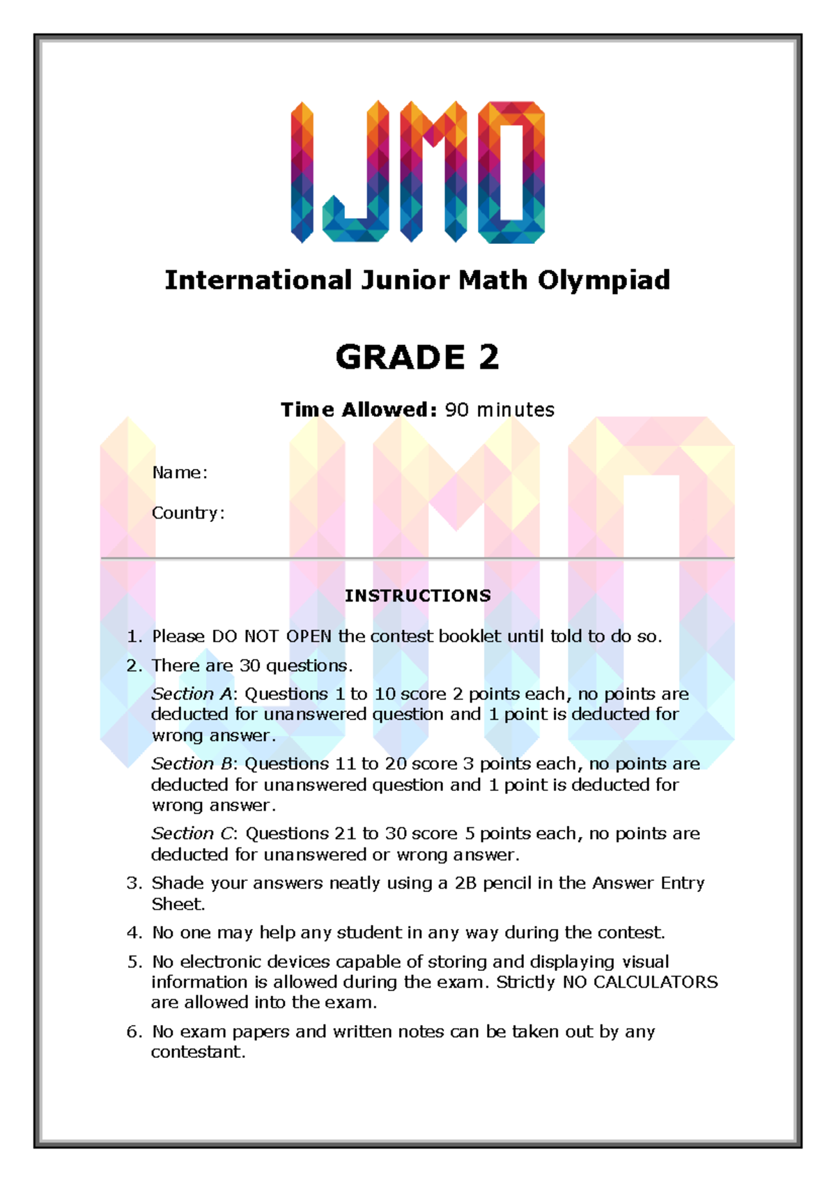 Grade 2 - International Junior Math Olympiad Contest Booklet - Studocu