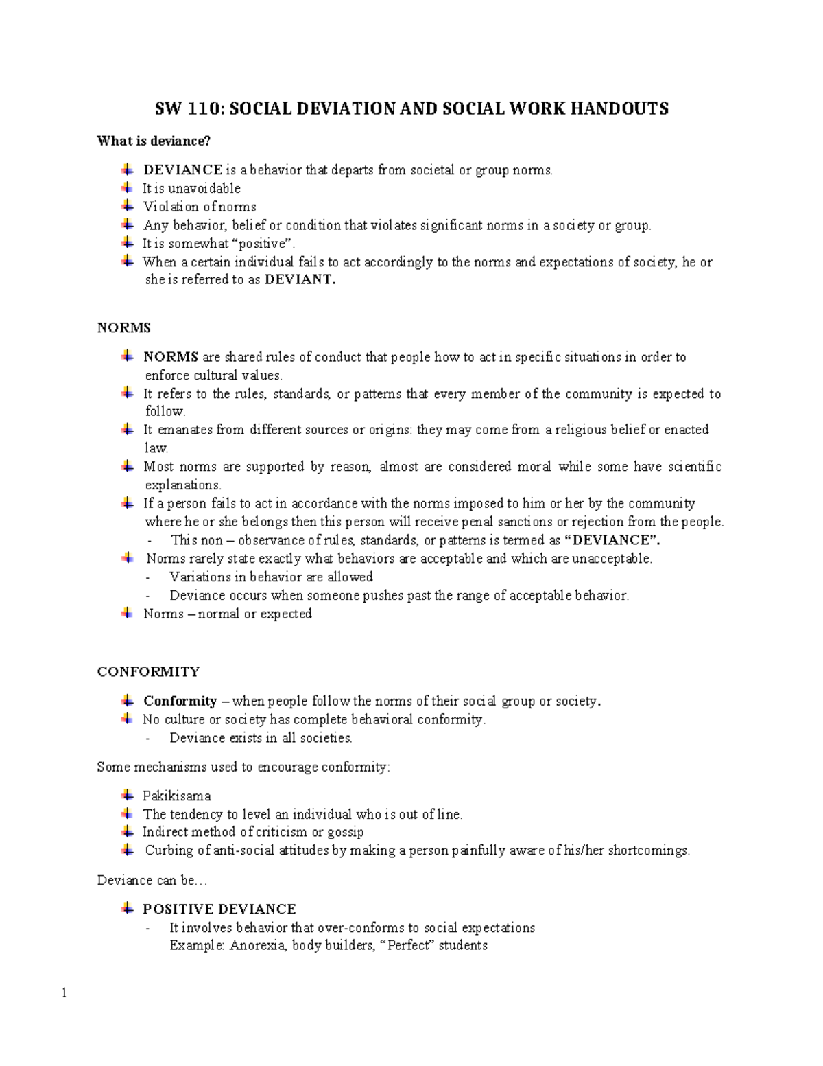 SW 110 Social Work and Deviance - Comprehensive Handouts - Studocu