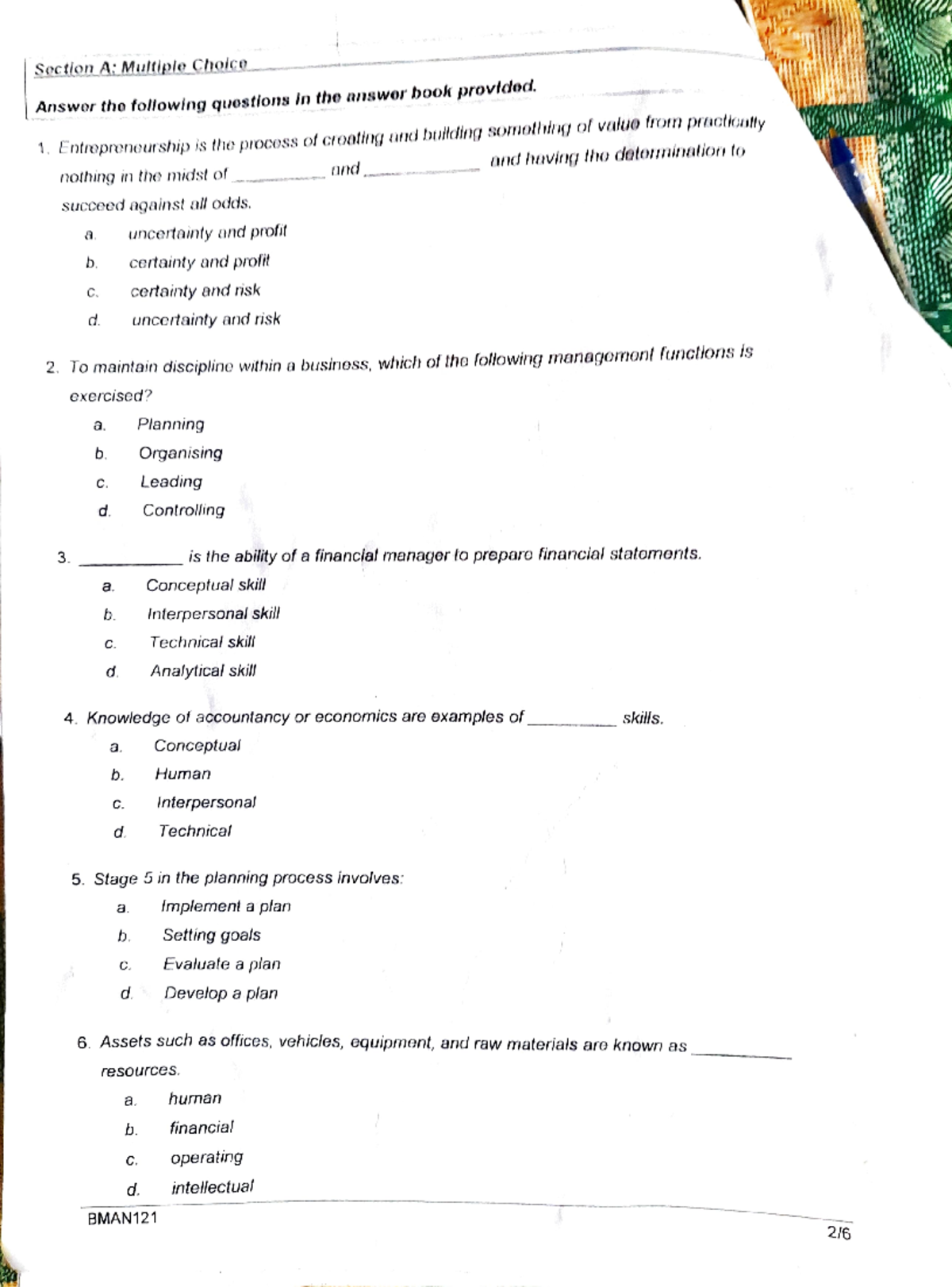 BMAN 121 Semester Test: Entrepreneurship Concepts & Case Study - Studocu