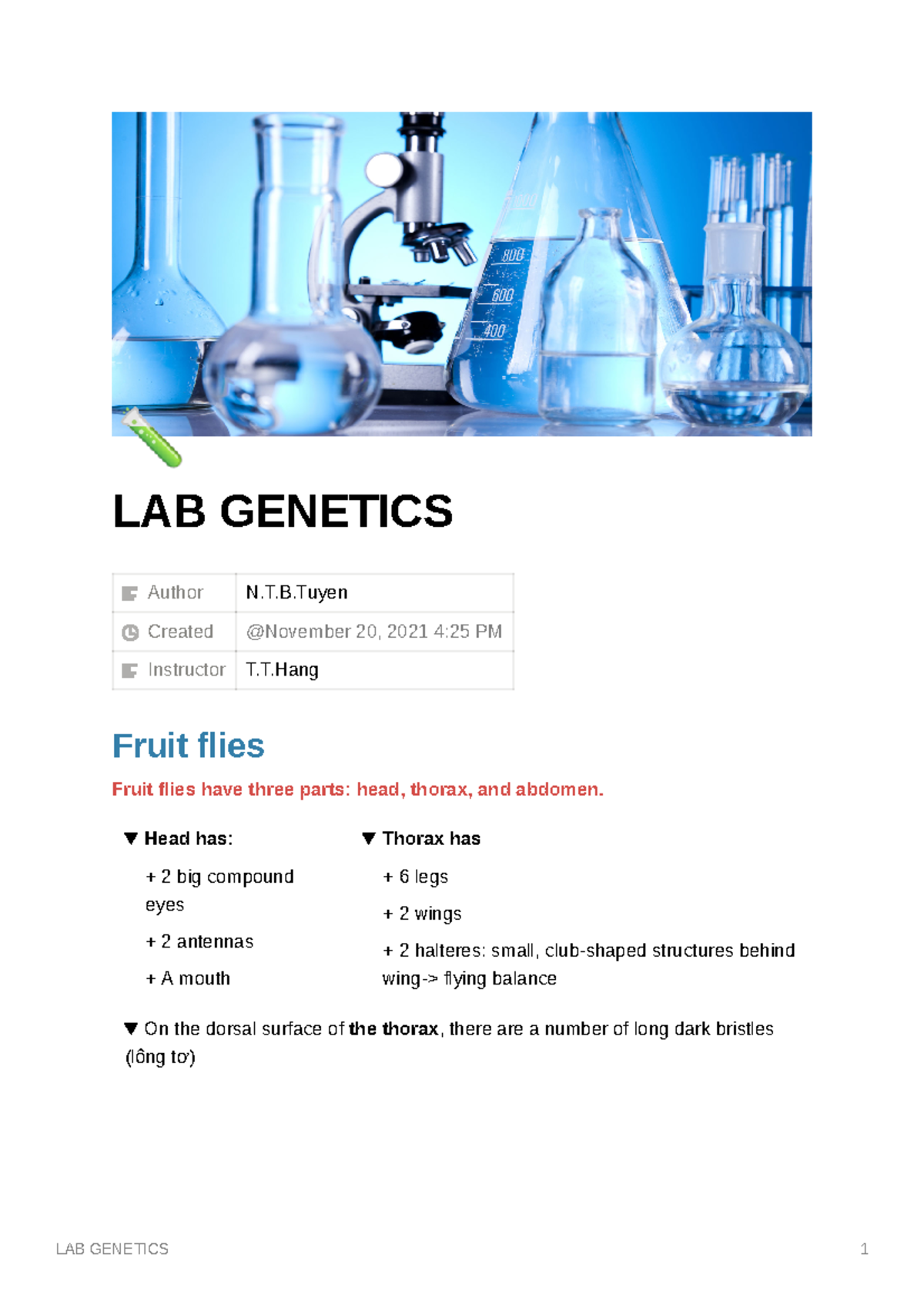 Labexam - lab - 🧪 LAB GENETICS Author N.T.B Created Instructor T.T Fruit flies Fruit flies have ...
