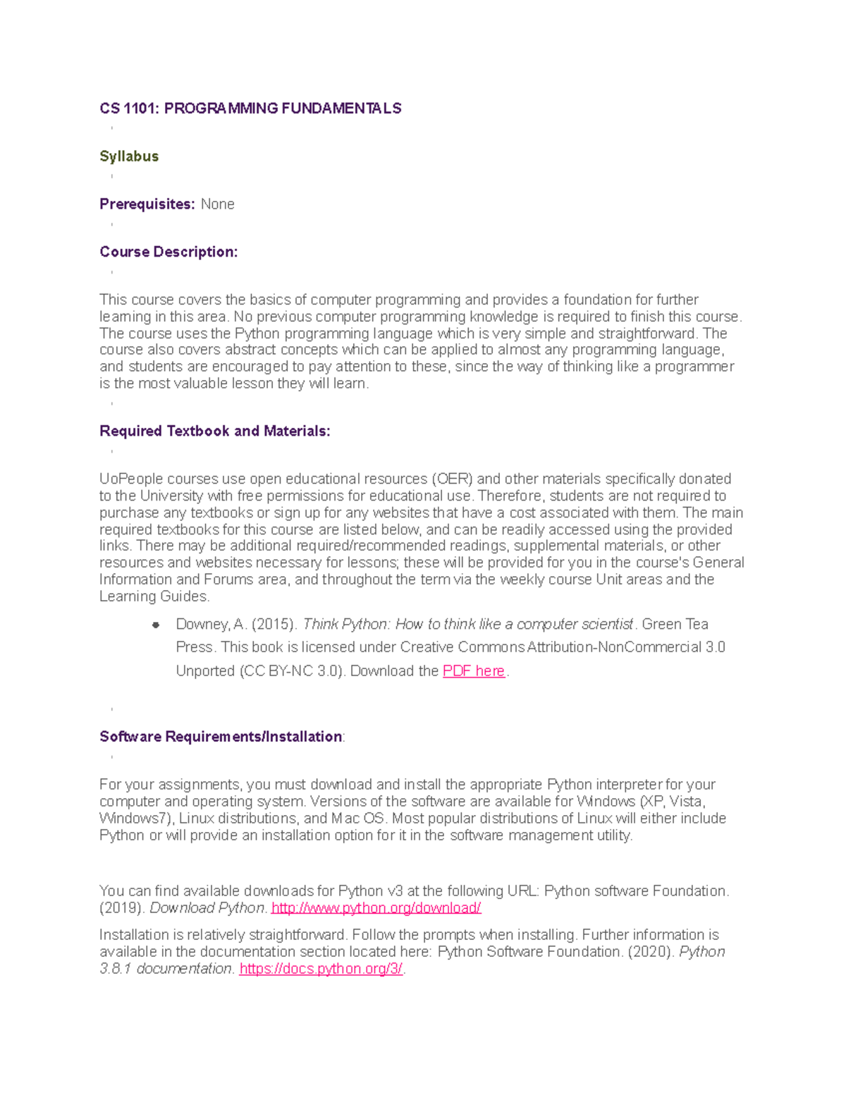 CS 1101 Programming Fundamentals syllabus - CS 1101: PROGRAMMING ...