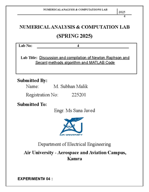 Lab report 05 numerical - Lab report # 05 Numerical analysis and computations Name: jawad raza ...