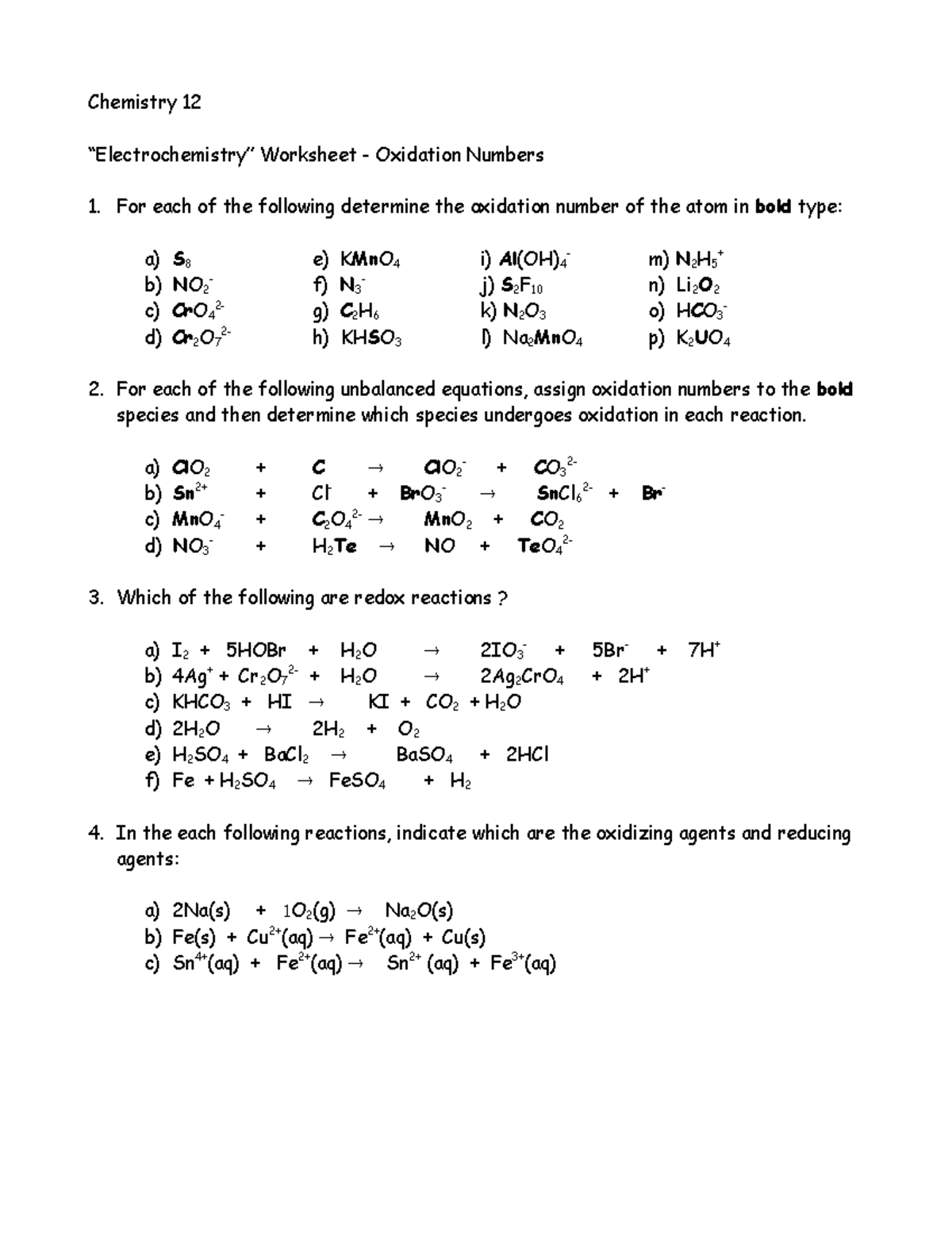 2. oxidation numbers worksheet 2 - Chemistry 12 “Electrochemistry ...