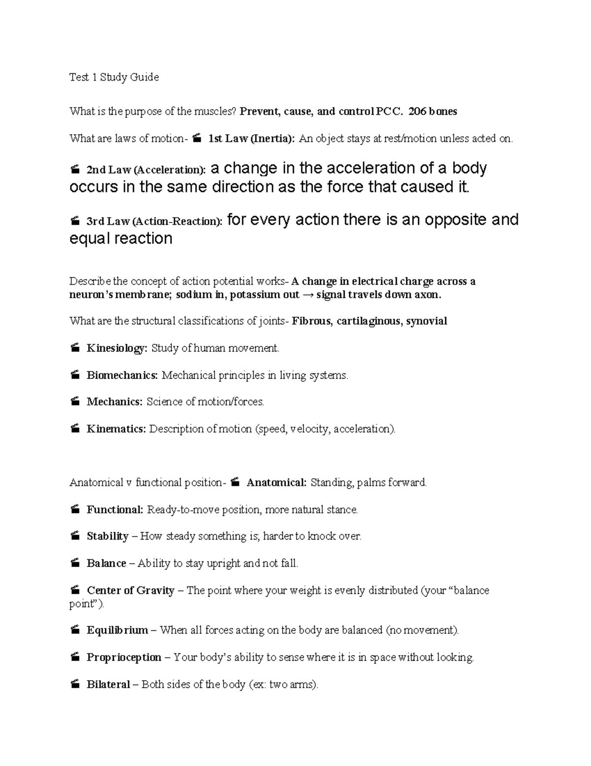 Kinesiology & Biomechanics Study Guide: Test 1 Review Notes - Studocu