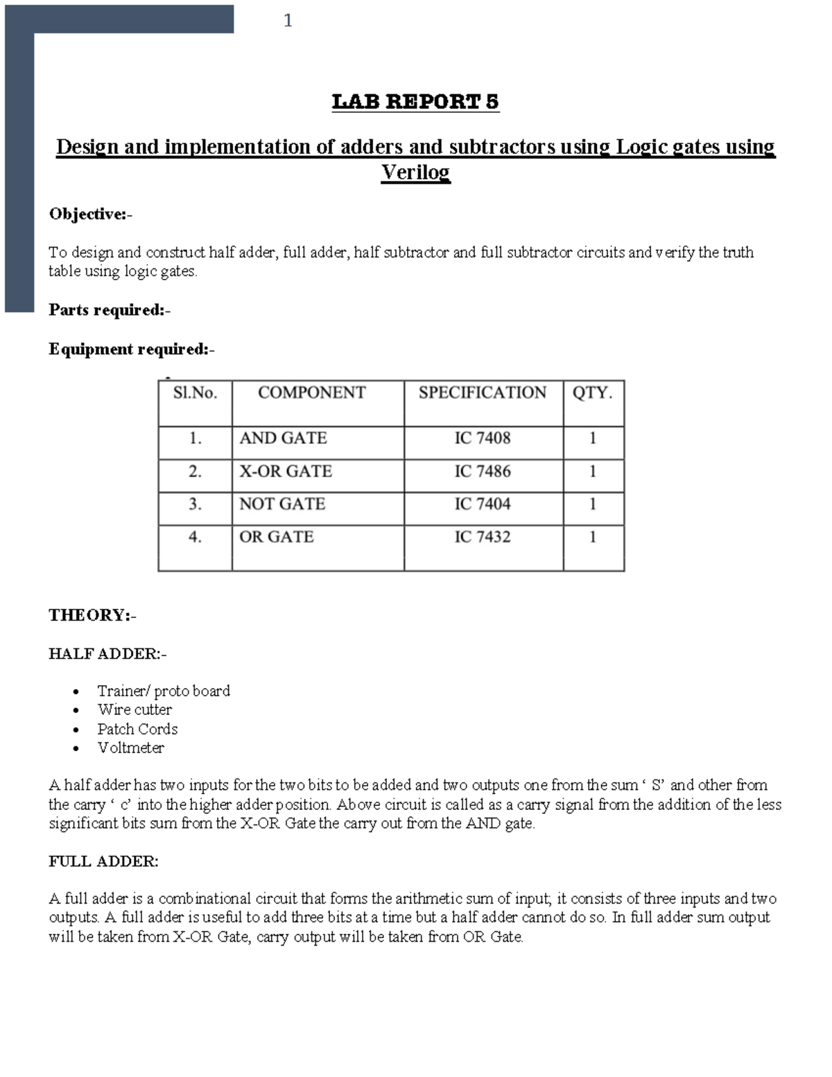 LAB Report 5 - Design of Adders & Subtractors with Logic Gates - Studocu