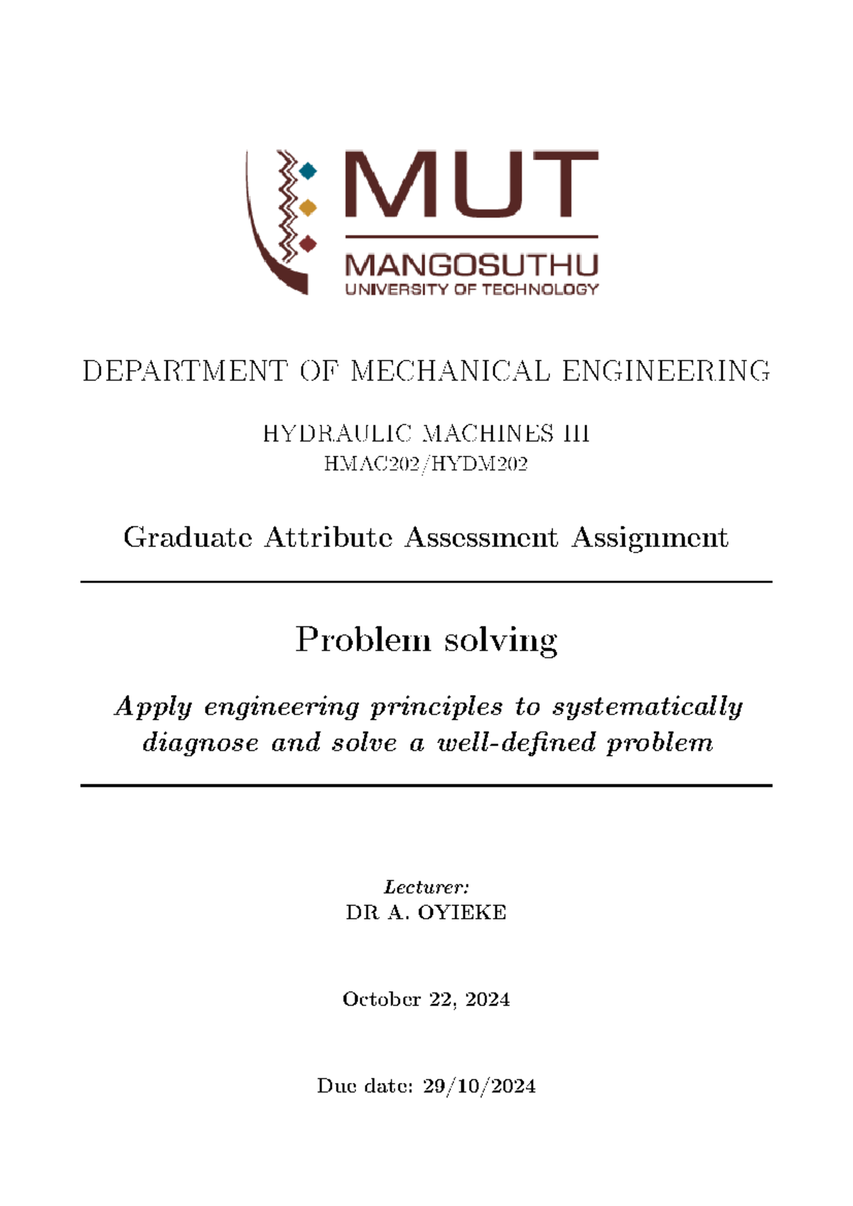 Hydraulic Machines III GA Assignment HMAC202 Sem 2 2024 Analysis - Studocu