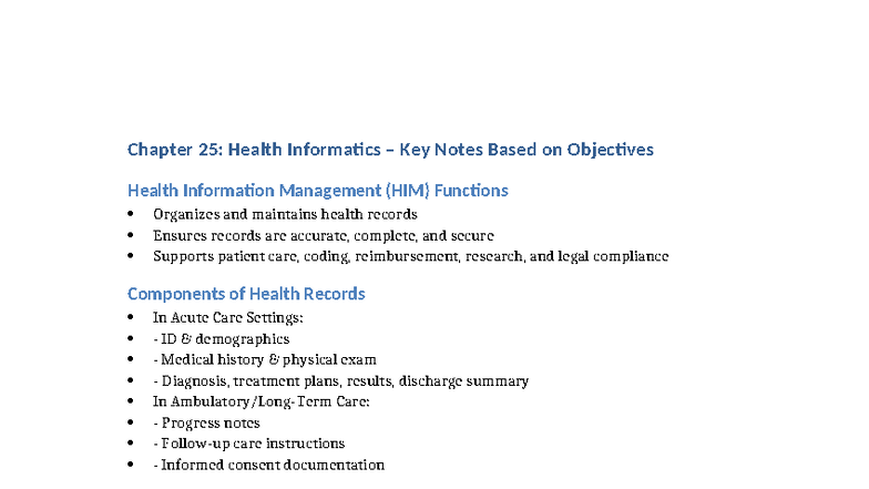 Chapter 25: Health Informatics Key Notes for HIM Functions - Studocu