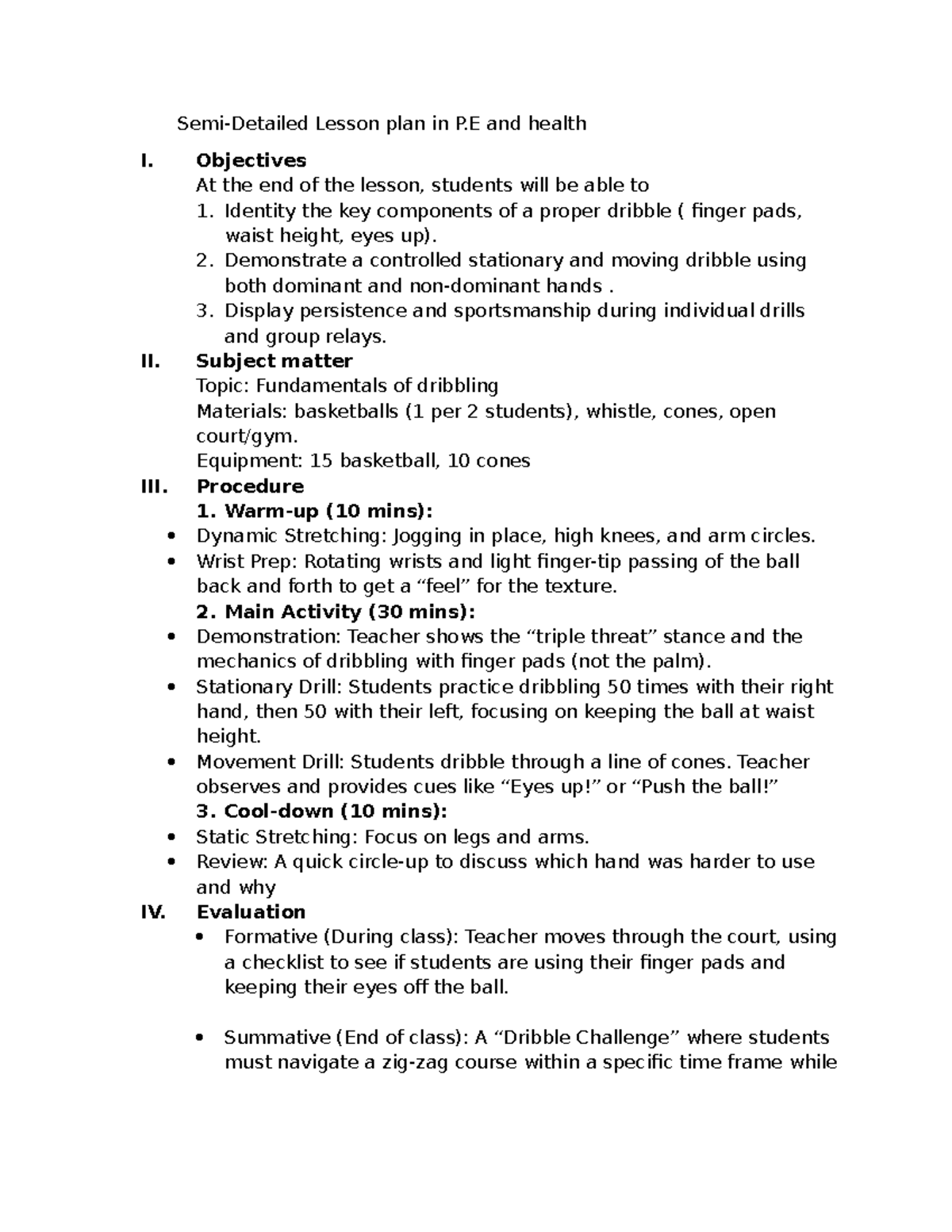 P.E. & Health I: Lesson Plan on Dribbling Fundamentals - Studocu