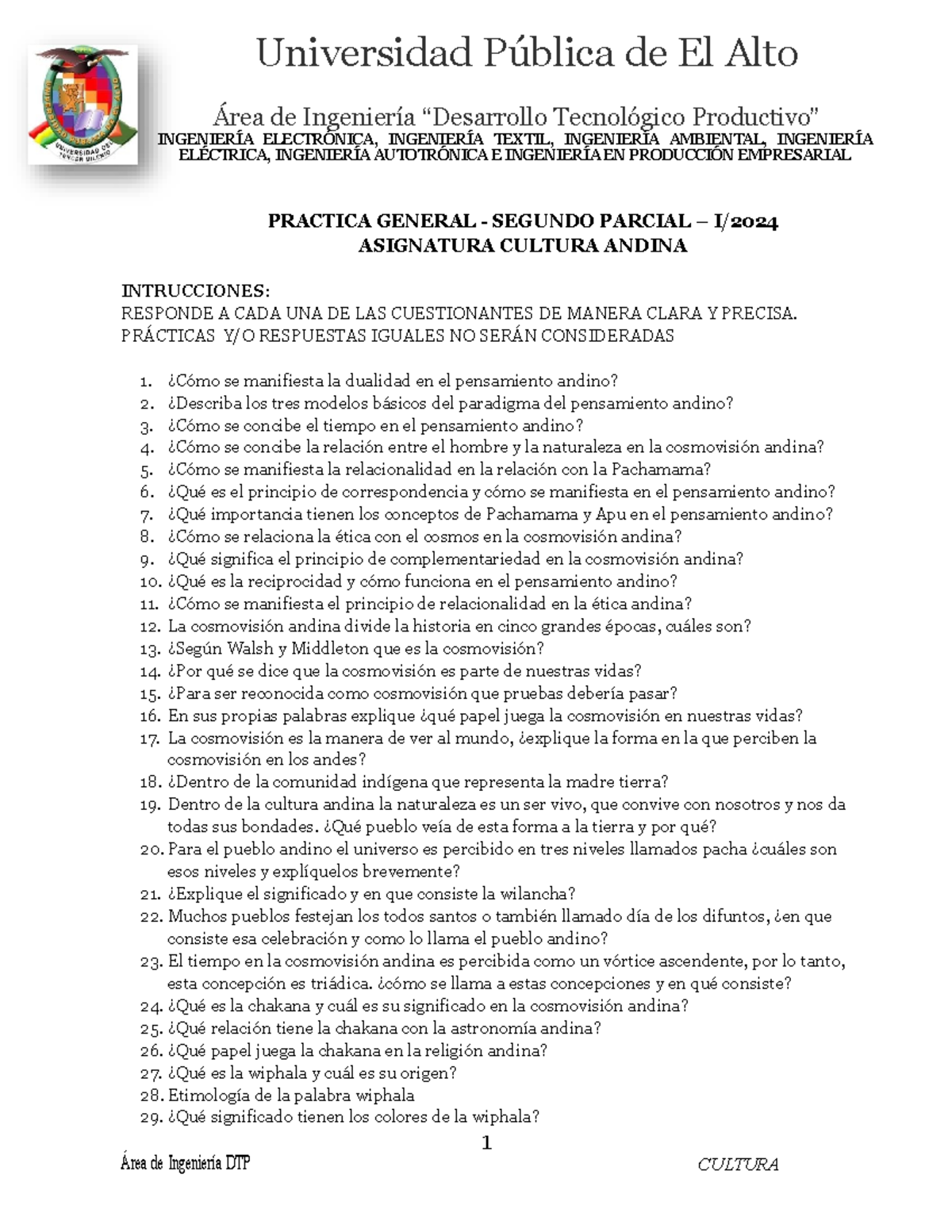Cultura Andina: Práctica General - Segundo Parcial - fgchg - Studocu