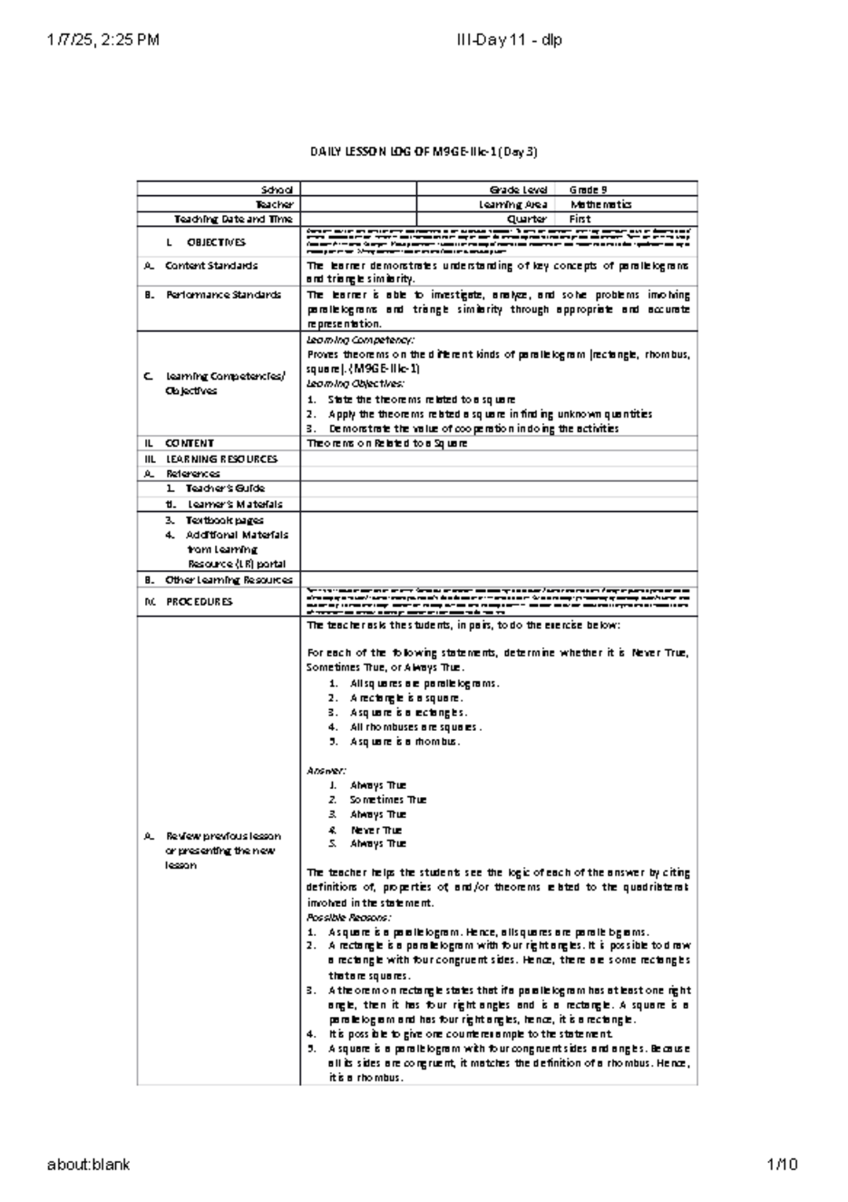 Square - lesson plan - DAILY LESSON LOG OF M9GE-IIIc-1 (Day 3) School ...