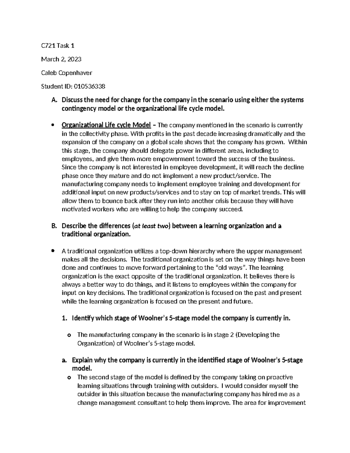 C721 Task 1 - task one for C721 WGU - C721 Task 1 March 2, 2023 Caleb Copenhaver Student ID ...