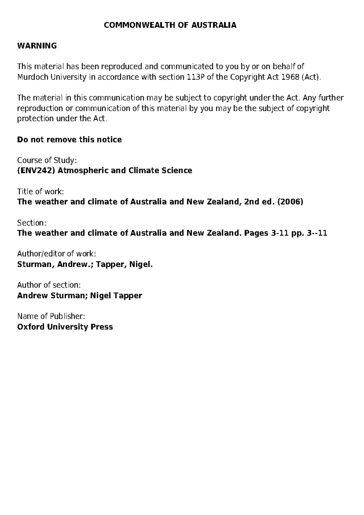 ENV242 Lecture Notes: Weather & Climate of Australia & NZ (pp. 3-11 ...
