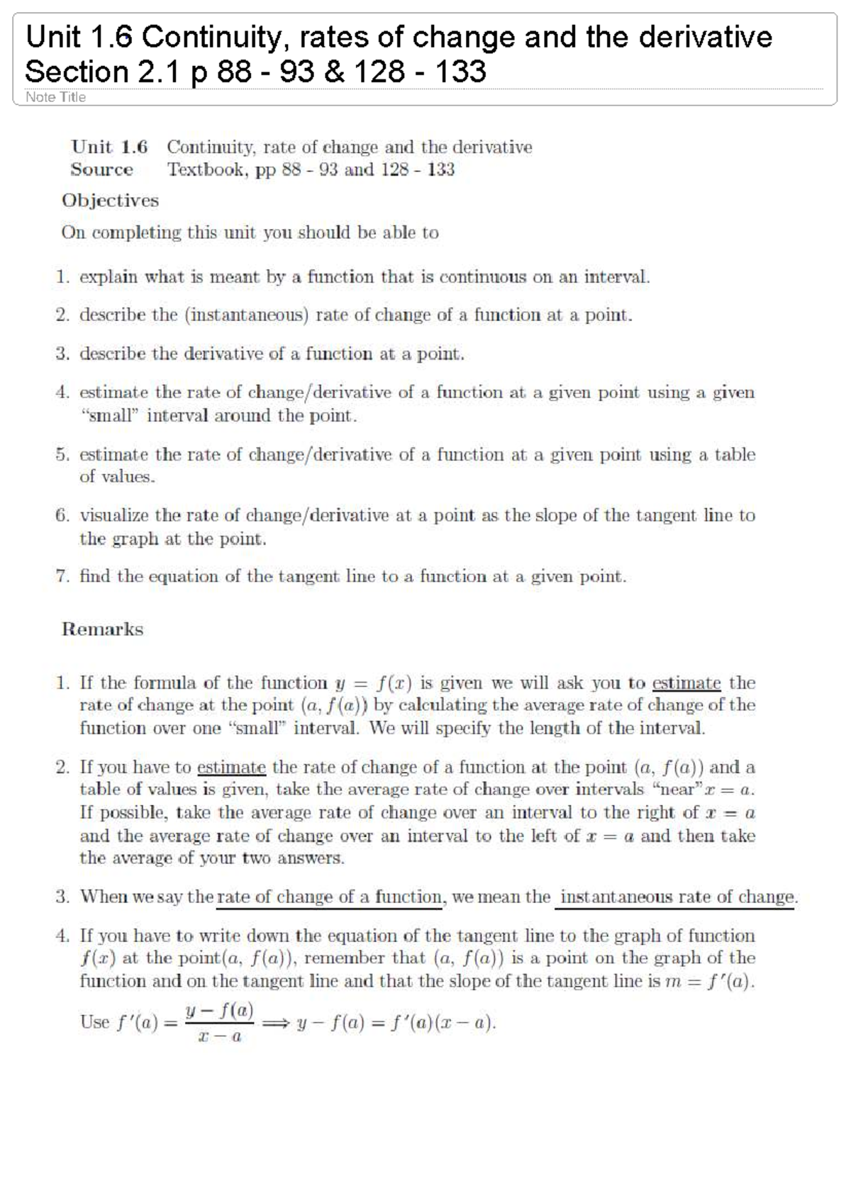 Unit 1 6 Lecture Notes Continuity Derivatives Overview Studocu