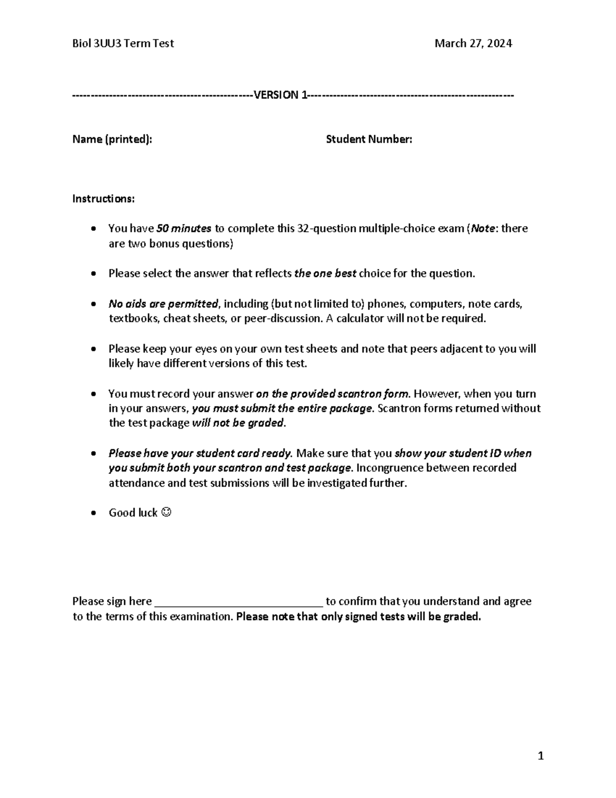 Biol 3UU3 Term Test Practice - March 27, 2024 - Studocu
