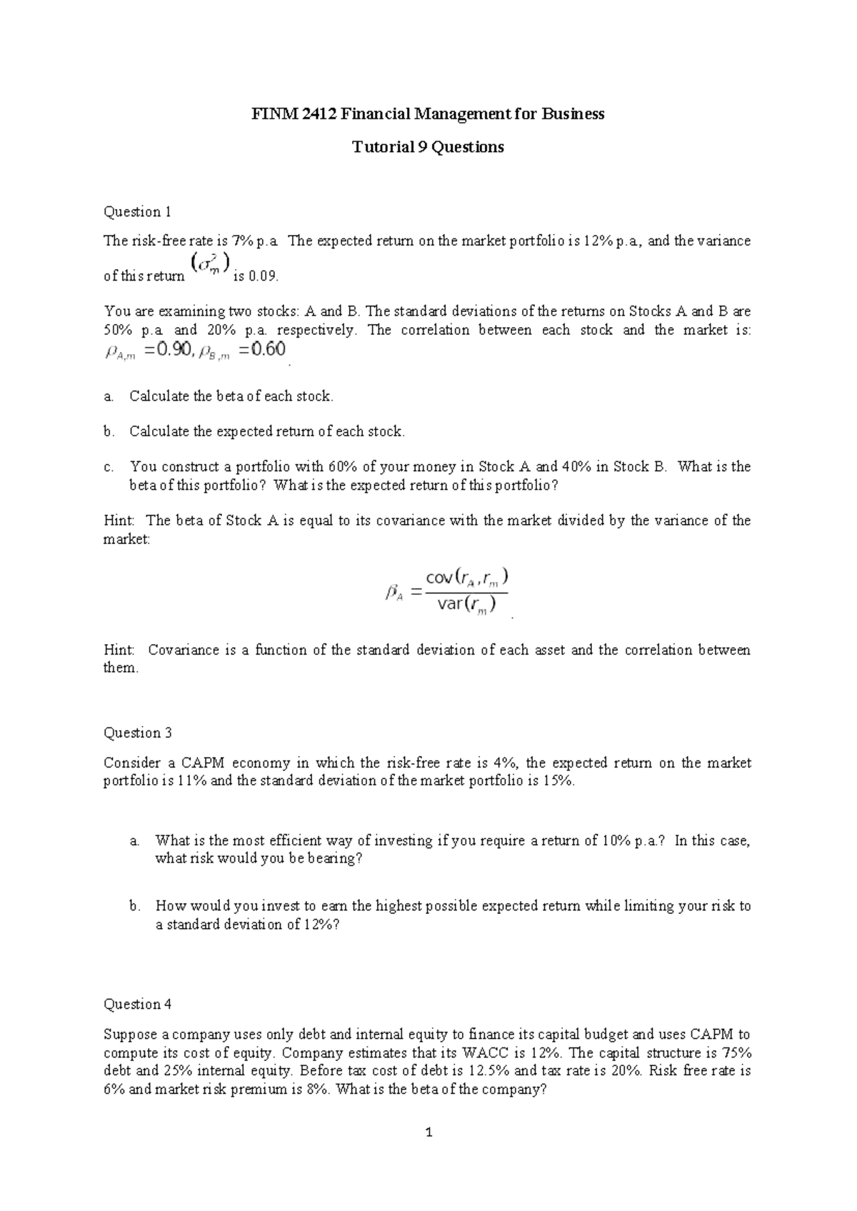 FINM 2412 Financial Management Tutorial 5 Questions and Solutions - Studocu
