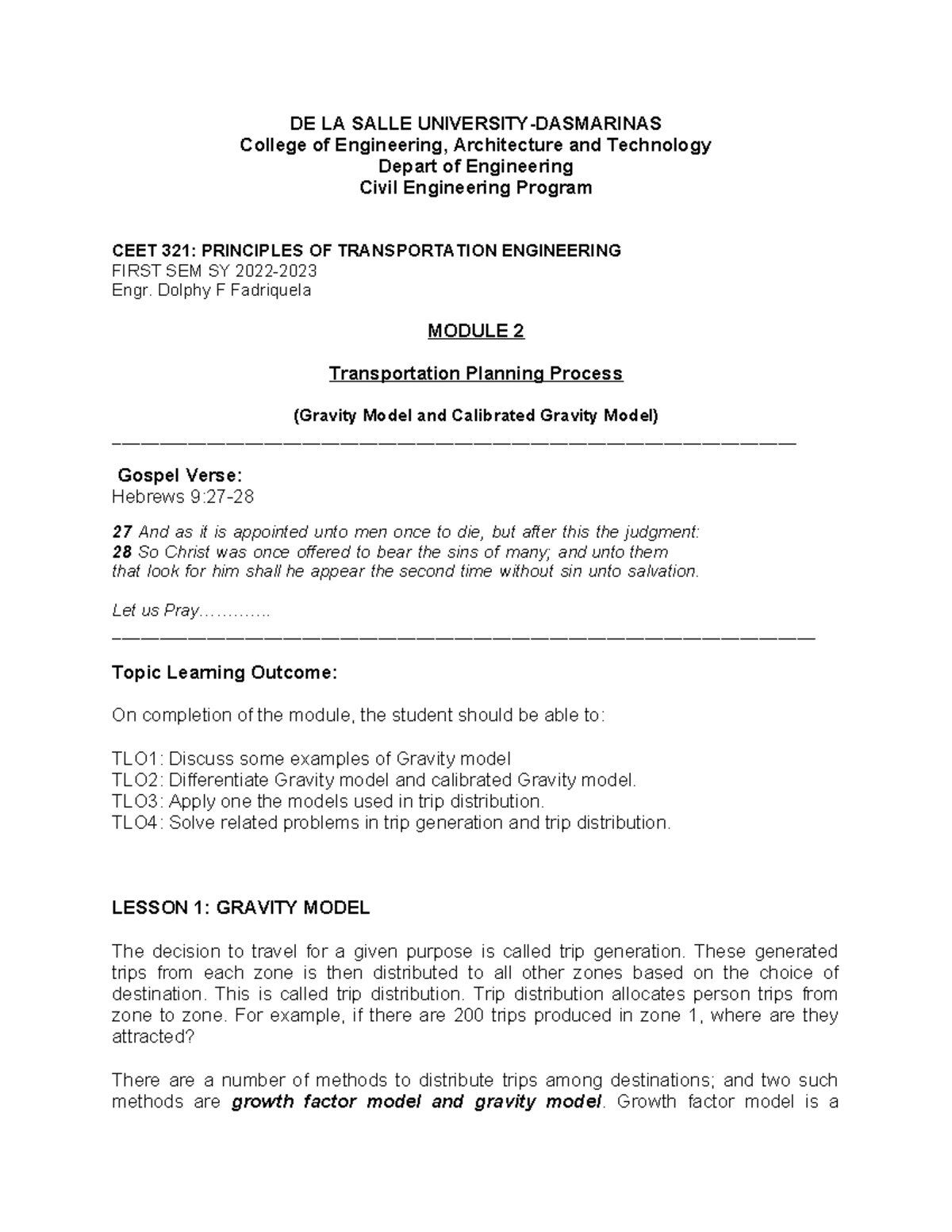 CEET 321: Module 2 Gravity Model & Calibration in Transpo Engineering ...