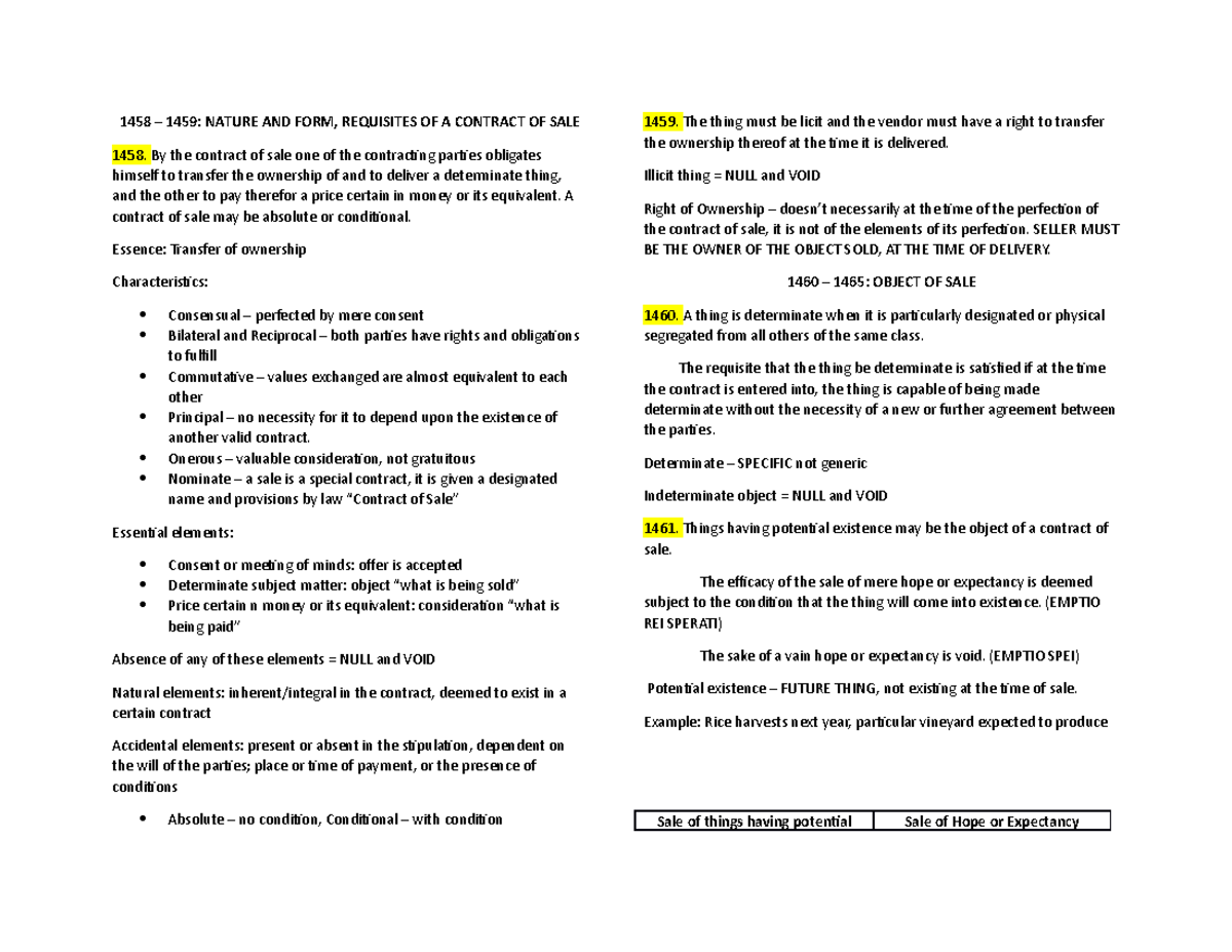 Sales Law - Article 1458-1492 - 1458 – 1459: NATURE AND FORM ...