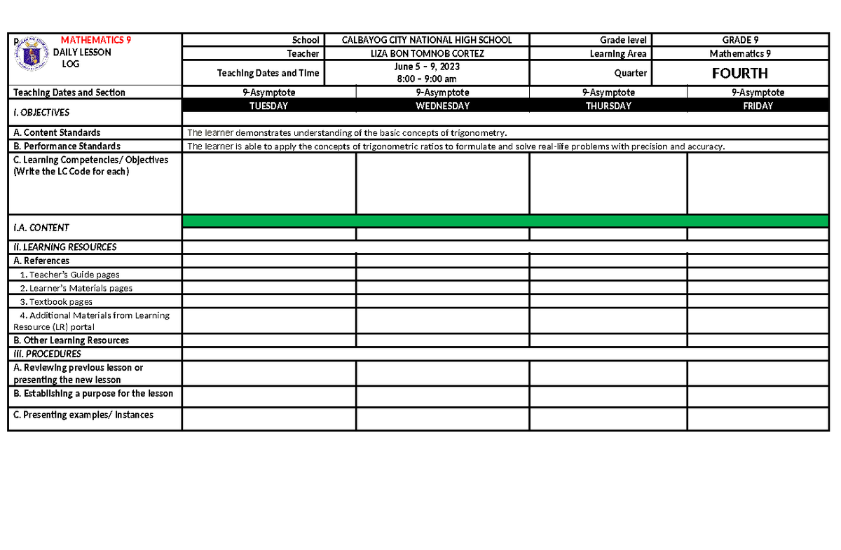 Math 9 Daily Lesson Log for June 5-9, 2023 - Trigonometry Focus - Studocu