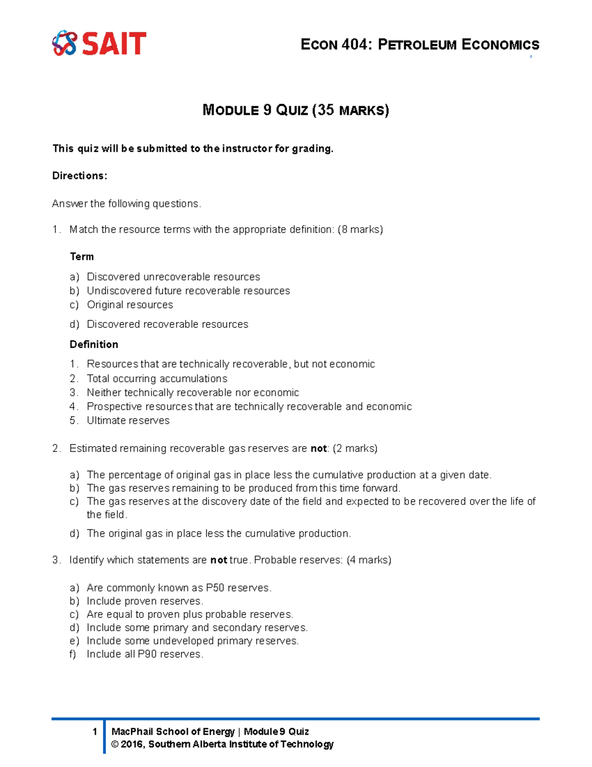 Module 9 Quiz - Pract - MODULE 9 QUIZ (35 MARKS) This quiz will be ...