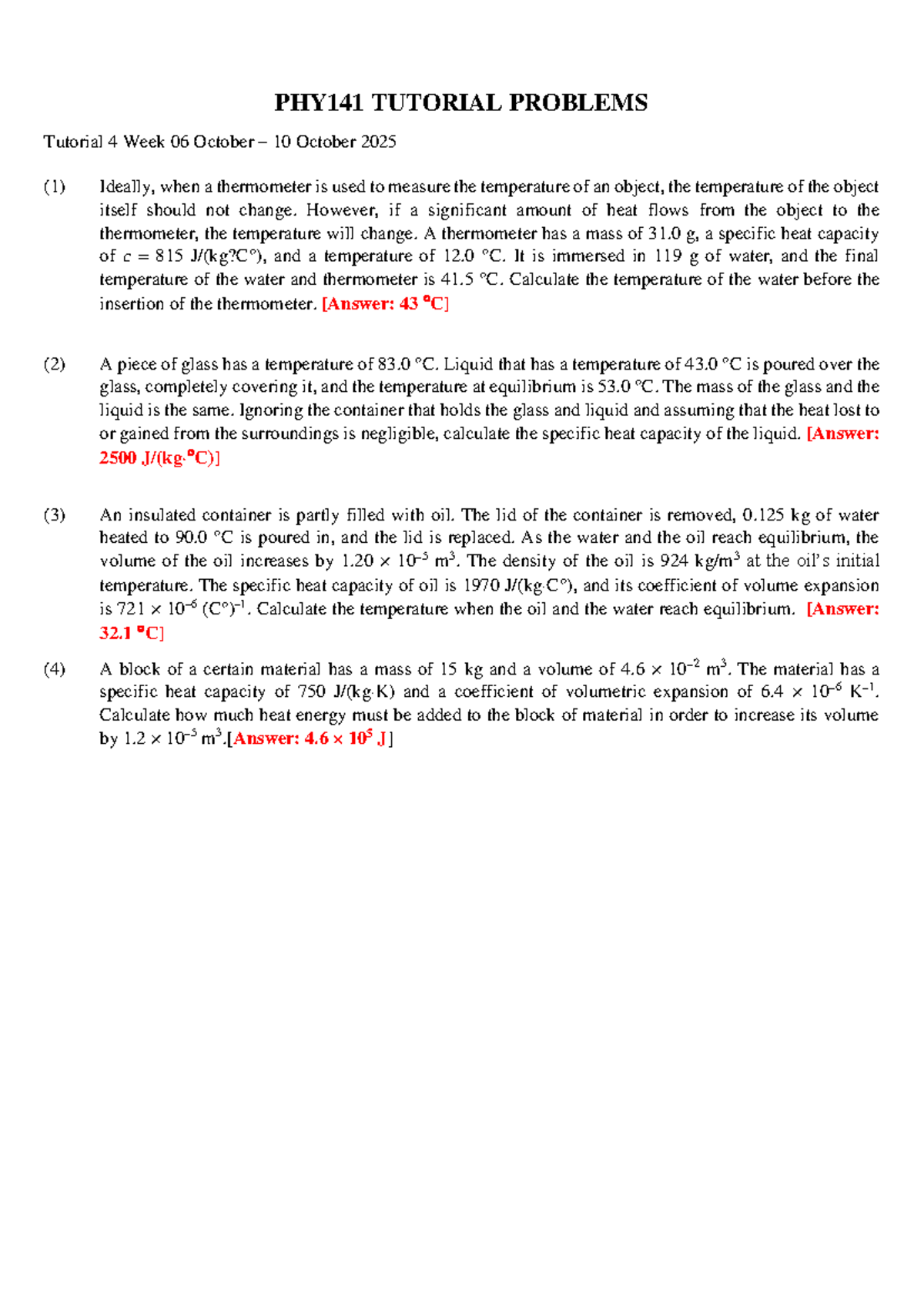 PHY141 Tutorial Problems Week 4: Heat Transfer Calculations - Studocu