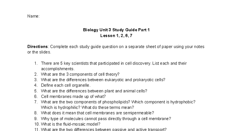 Biology Unit 3 Study Guide: Cell Structure & Function Lessons 1-7 - Studocu